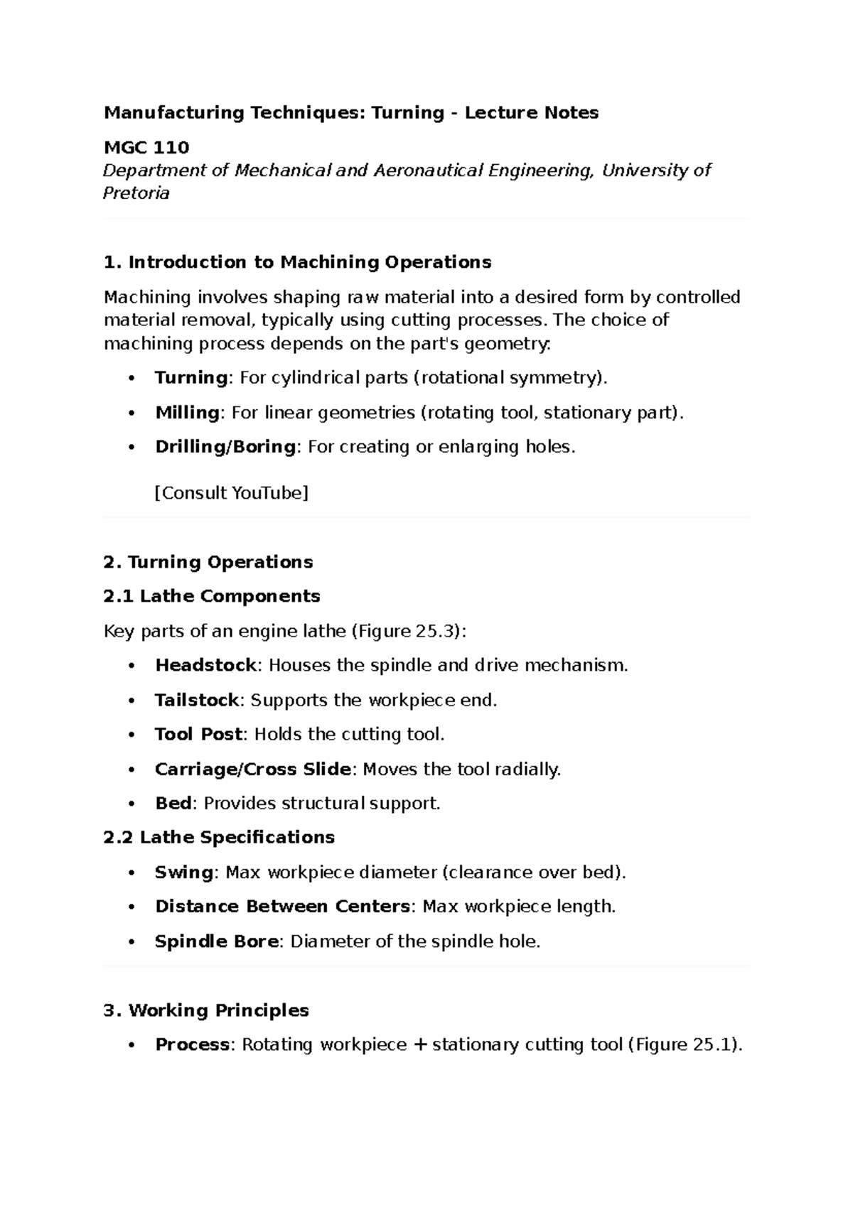 MGC 110 Turning Lecture Notes: Key Techniques & Operations - Studocu