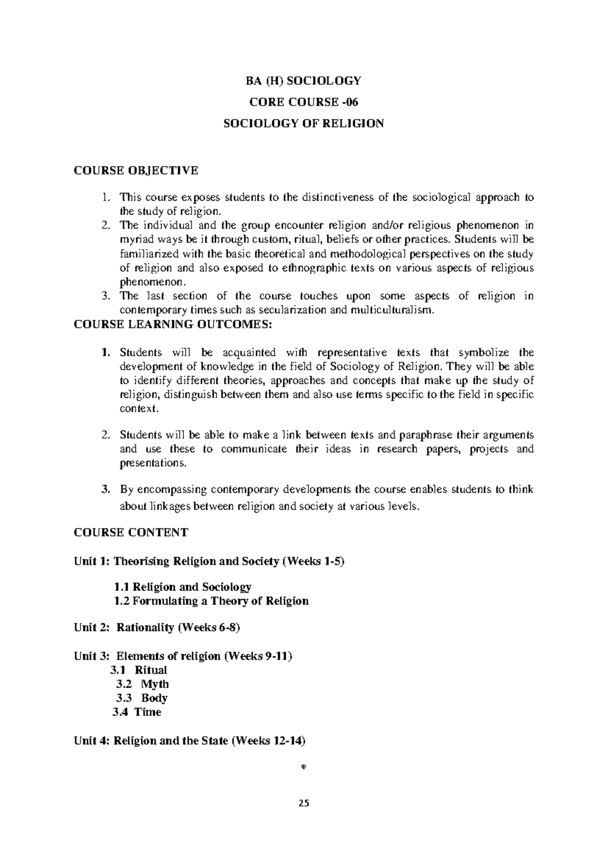 BA (H) SOCIOLOGY - SOCIOLOGY OF RELIGION SYLLABUS & COURSE OUTLINE ...