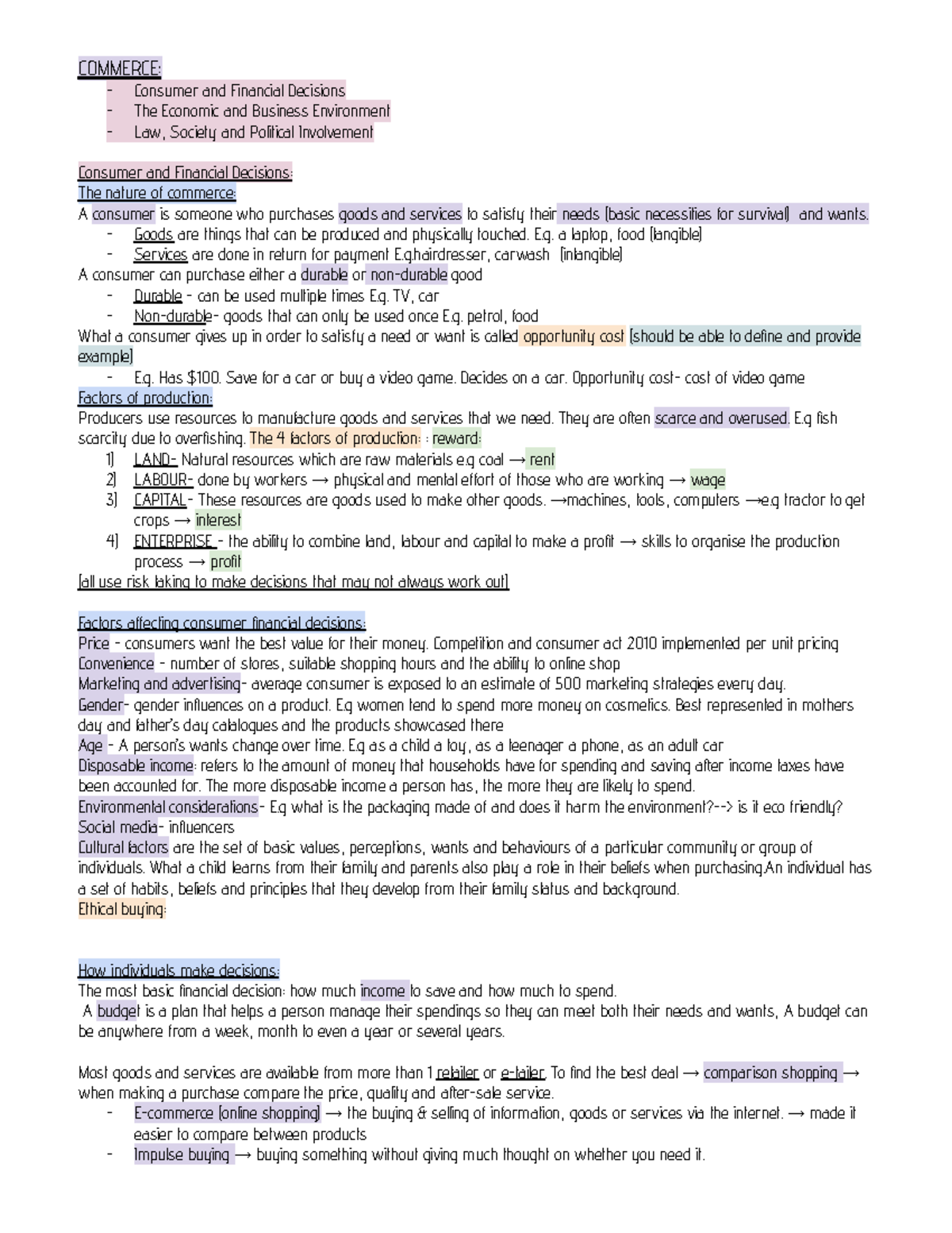 Commerce Year 9: Key Concepts on Consumer Choices and Decisions - Studocu