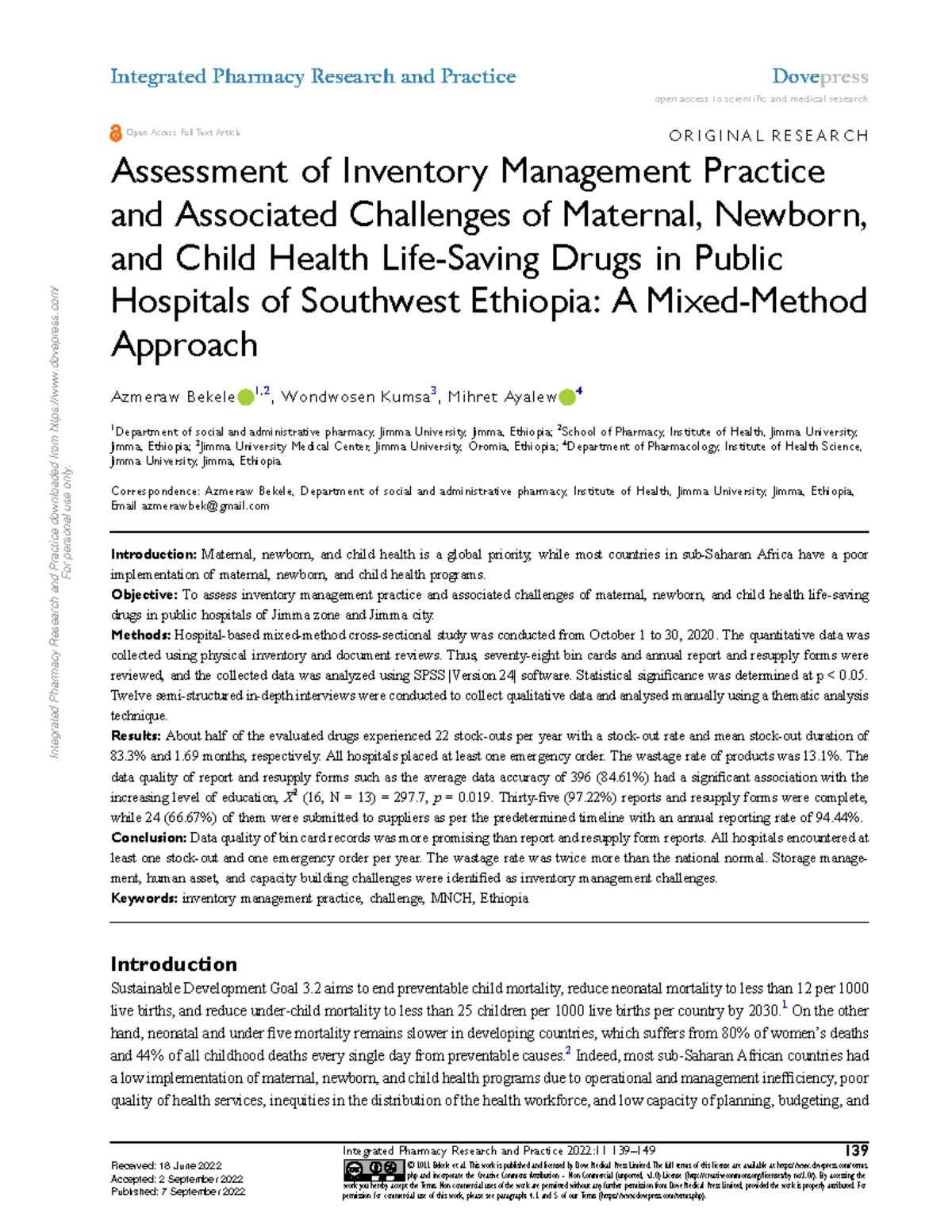 Assessment of Inventory Management Practices for MNCH Drugs in Public ...