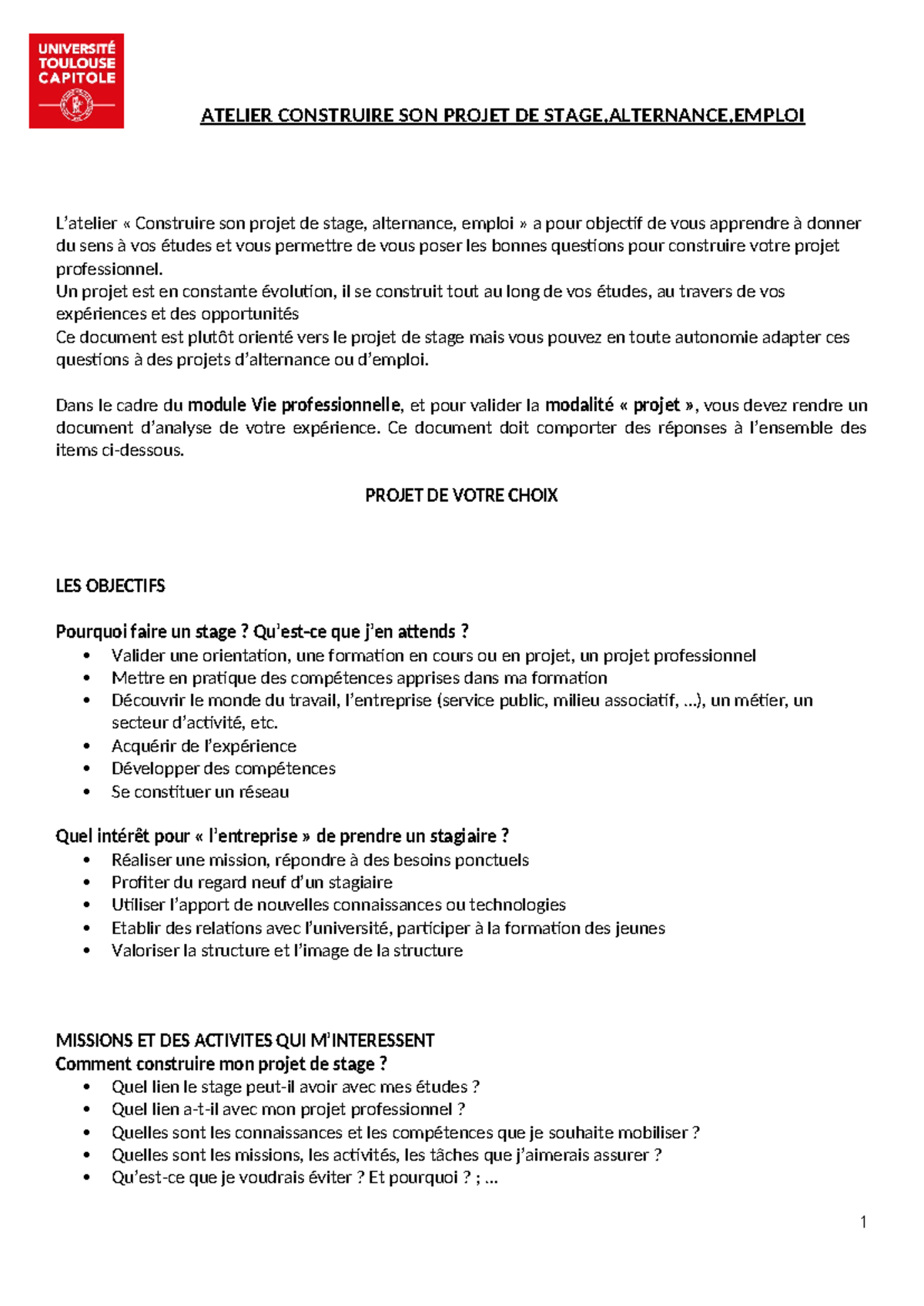 Fiche Projet de Stage et Alternance - Atelier Vie Pro - Studocu