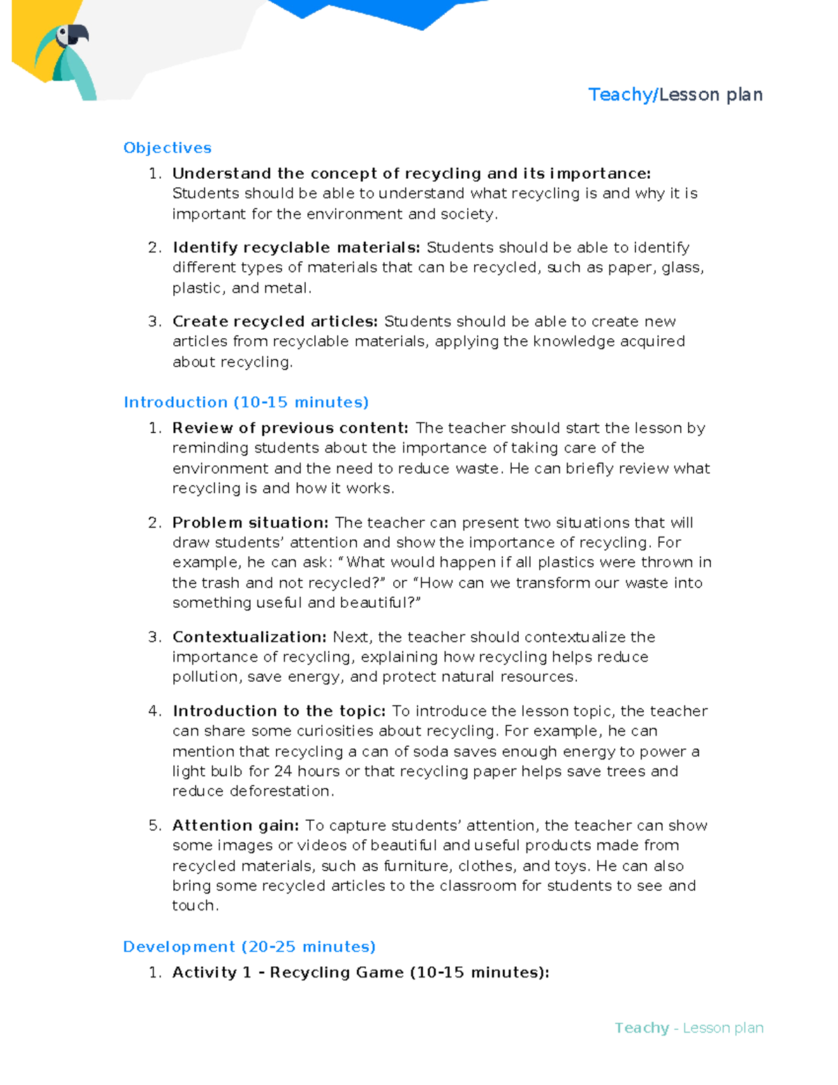 Recycling Lesson Plan: Understanding, Identifying, and Creating (Teachy ...