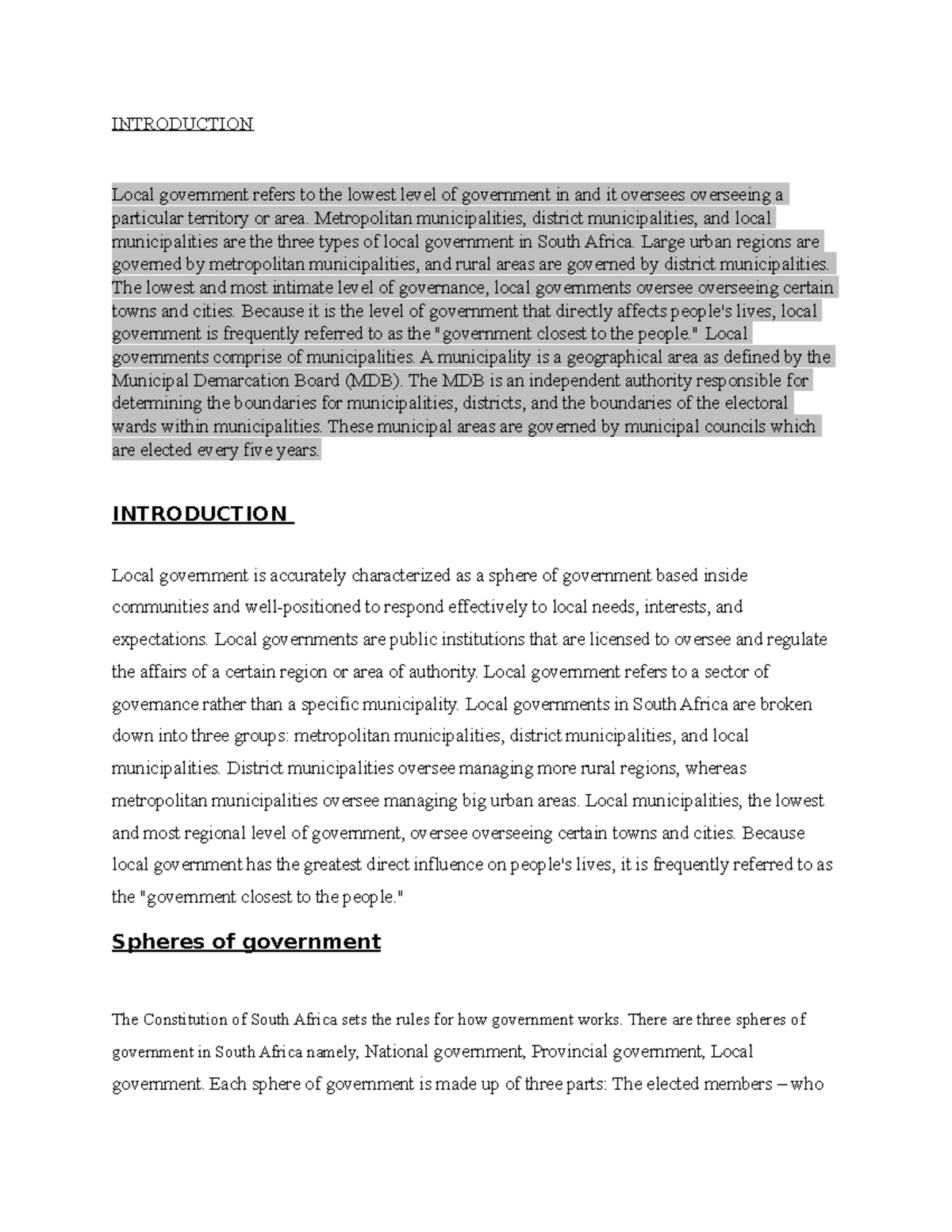 Introduction to Local Government Dynamics in SA - Notes - Studocu