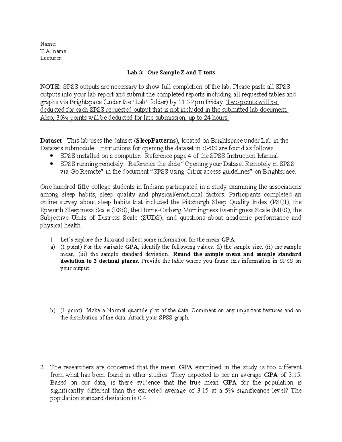 LAB3 Spring 2024 - One Sample Z and T Tests Lab Report - Studocu