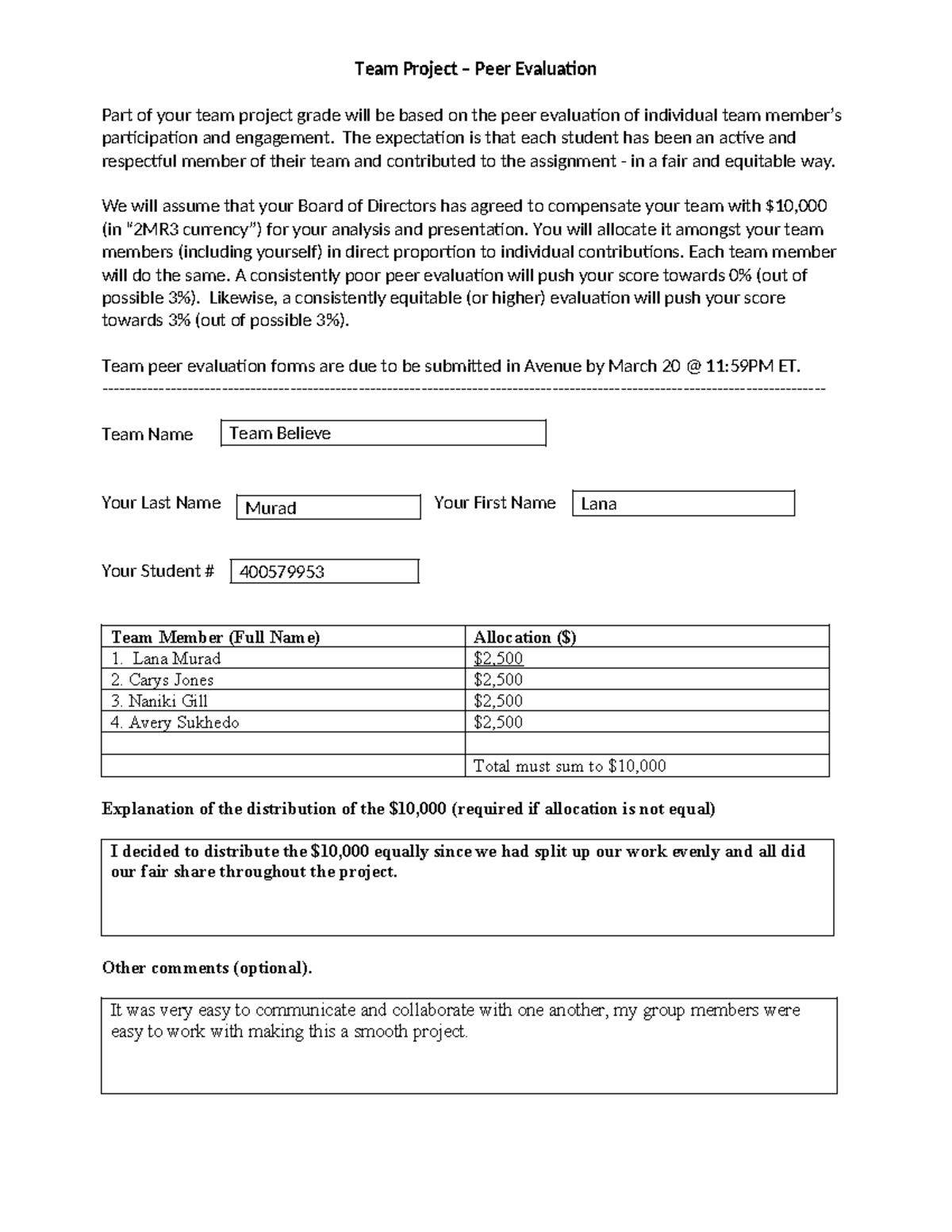 2RM3 Team Project Peer Evaluation Guidelines and Submission - Studocu