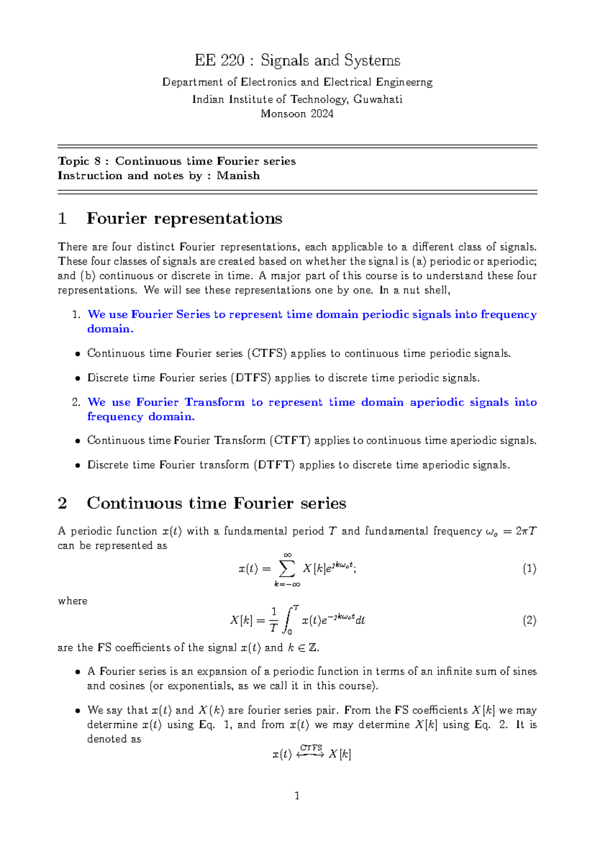 EE 220: Notes on Continuous Time Fourier Series (CTFS) - Studocu