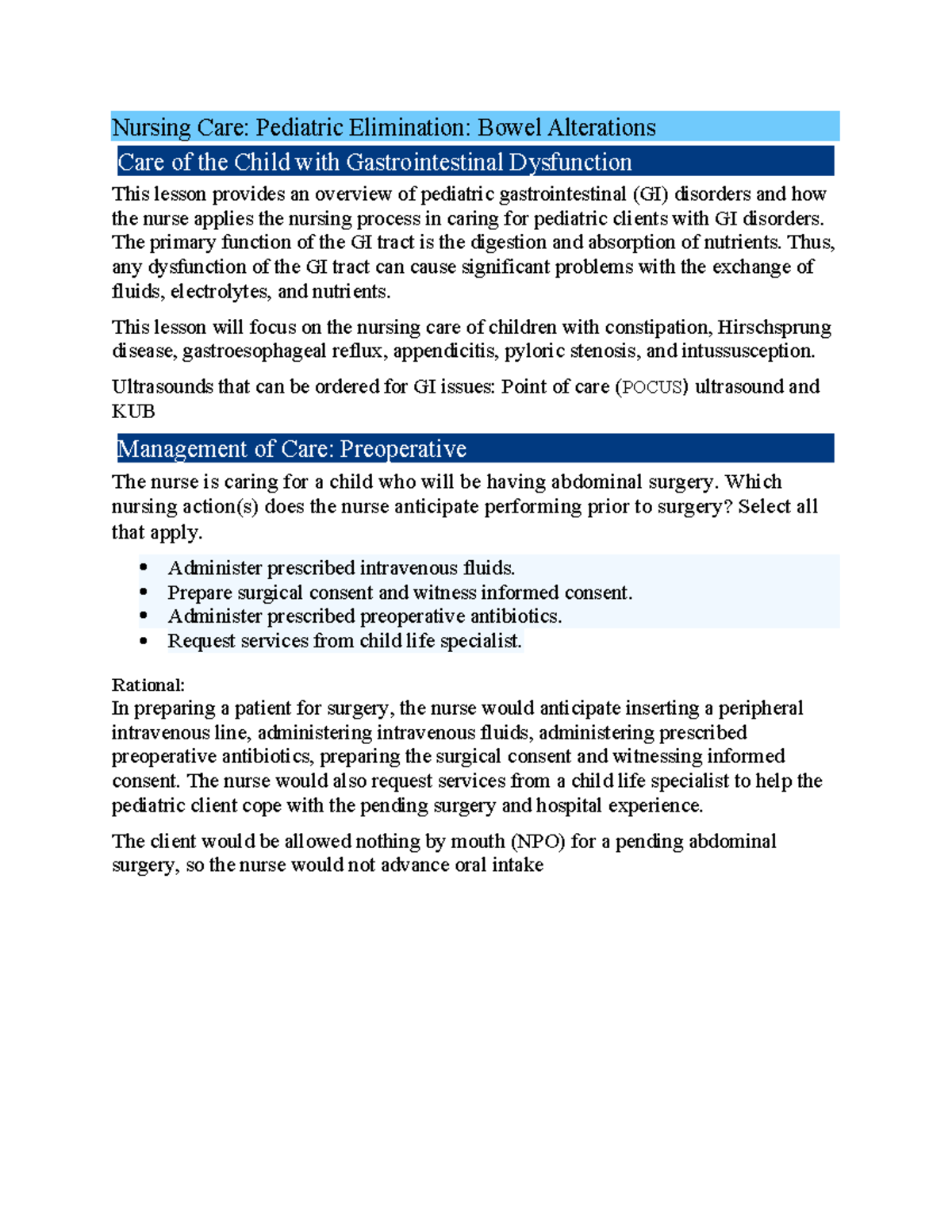 NURS 305: Pediatric GI Disorders - Nursing Care for Bowel Alterations ...