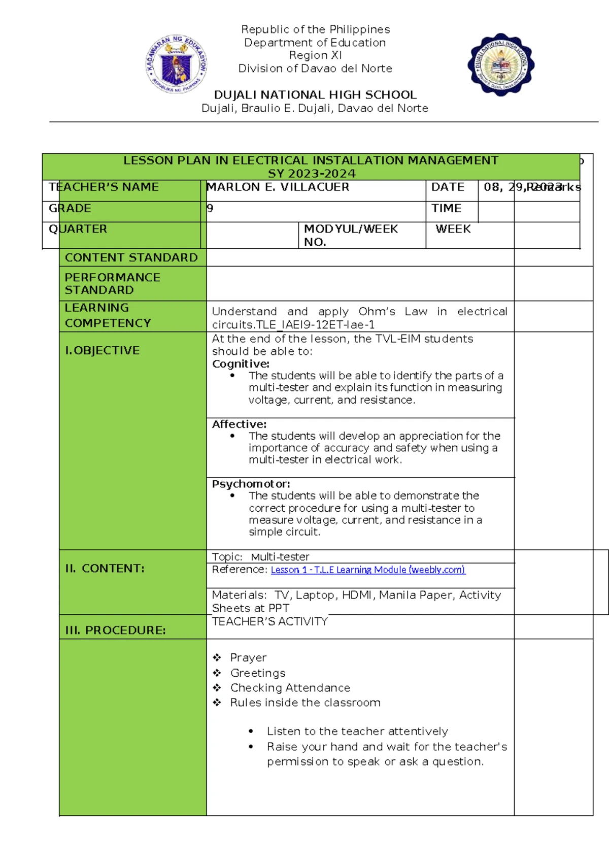 Grade 9 Lesson Plan: Accurate Measurements in Electrical Installation ...