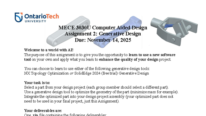 MECE 3030U Assignment 2: Generative Design Overview 2025 - Studocu