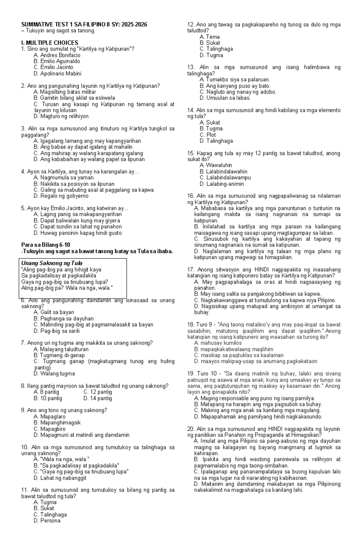 SUMMATIVE TEST 1 SA FILIPINO 8: Mga Tanong at Sagot - Studocu