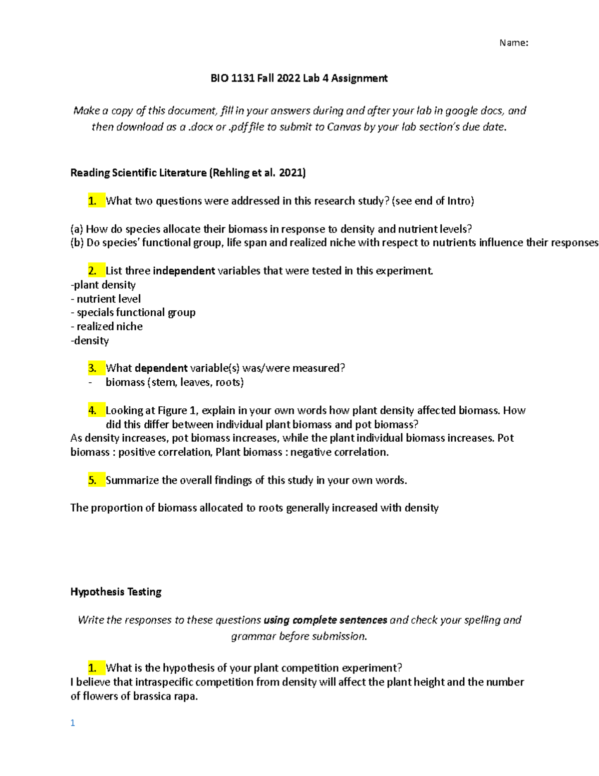 Lab 4 - bio lab 4 - Name: BIO 1131 Fall 2022 Lab 4 Assignment Make a copy of this document, fill ...