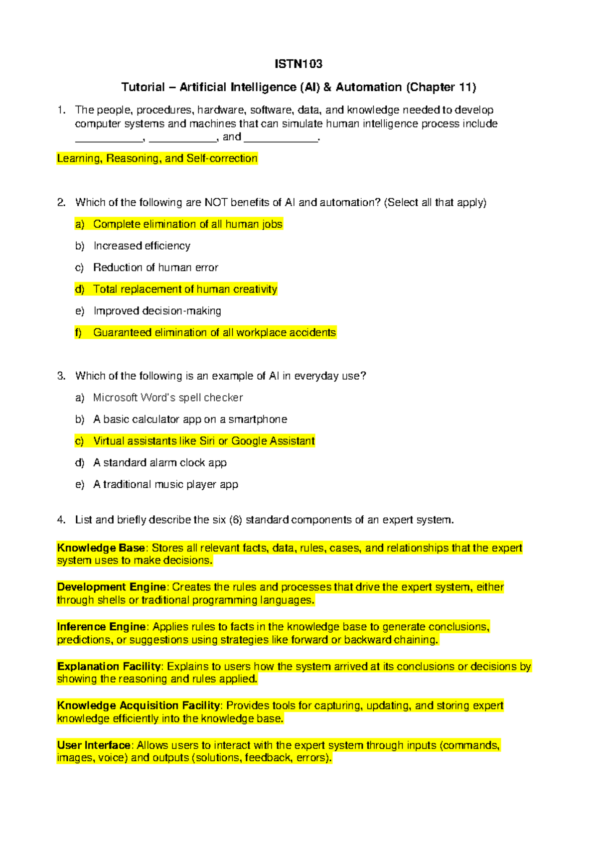 ISTN103 Tutorial Questions & Solutions on AI Automation (Ch. 11) - Studocu