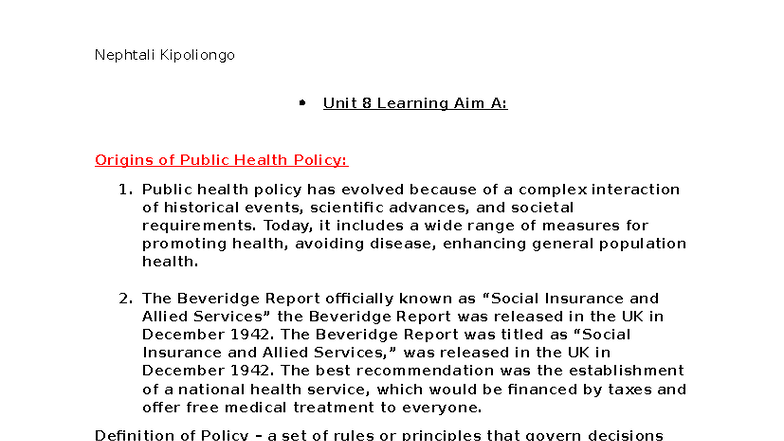 Unit 8 Learning Aim A: Evolution of Public Health Policy and Its Impact ...