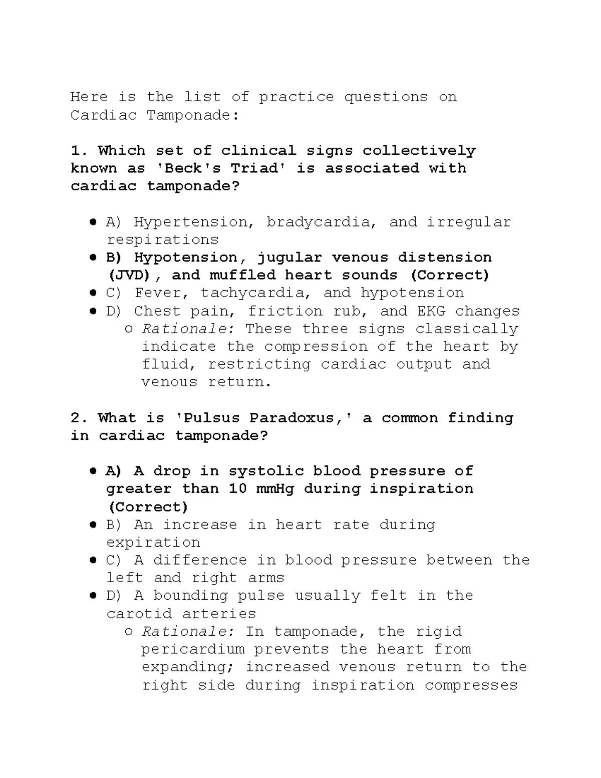 Practice Questions on Cardiac Tamponade (MED 101) - Studocu