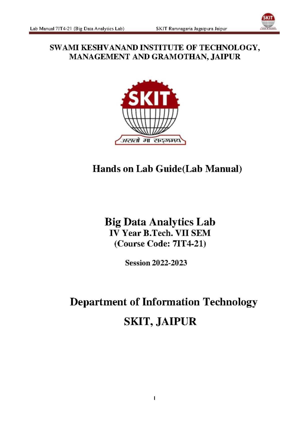 7IT4-21 Big Data Analytics Lab Manual: Hands-on Guide for Students - Studocu