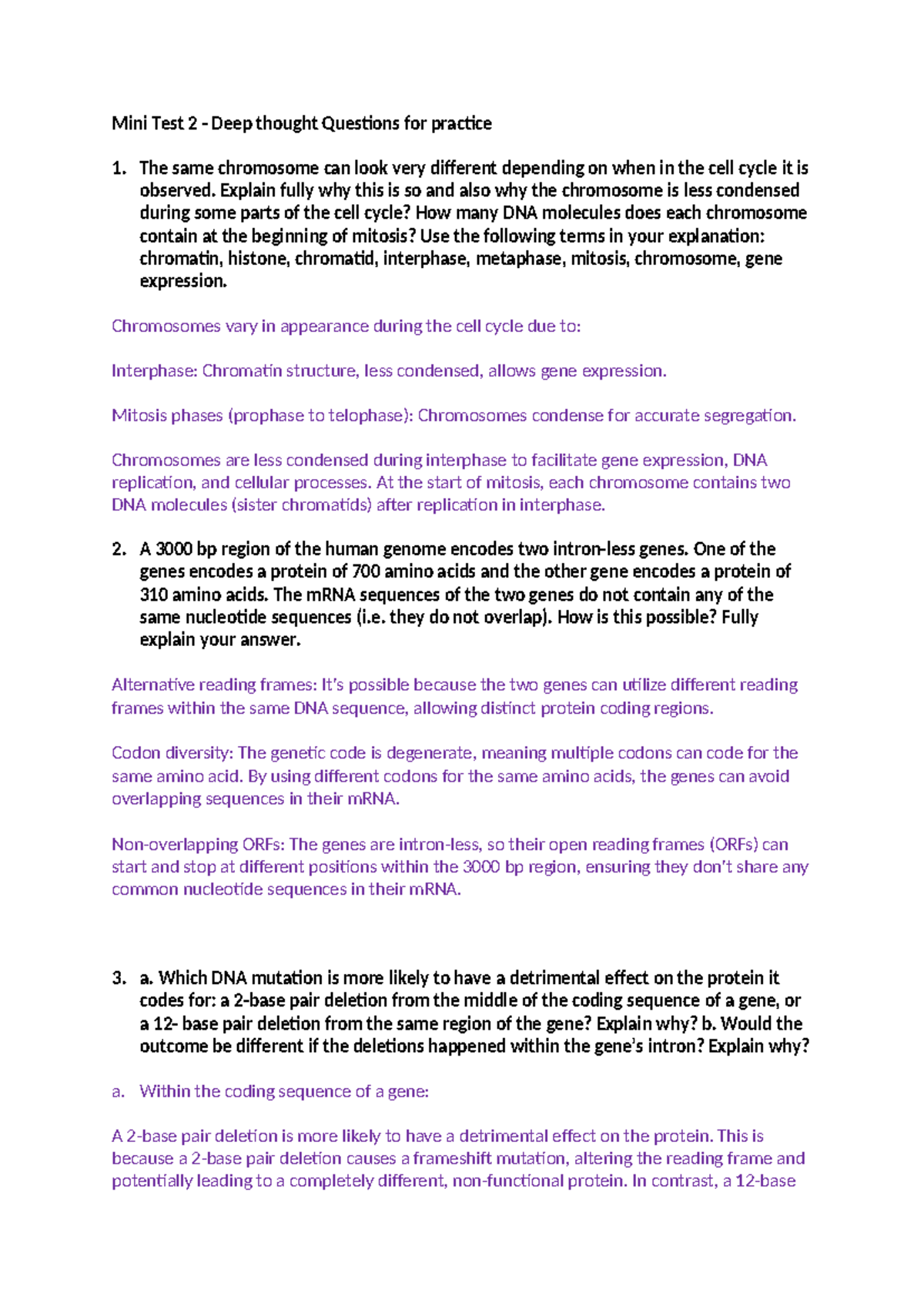 Mini Test 2: Deep Thought Questions for Genetics Practice - Studocu