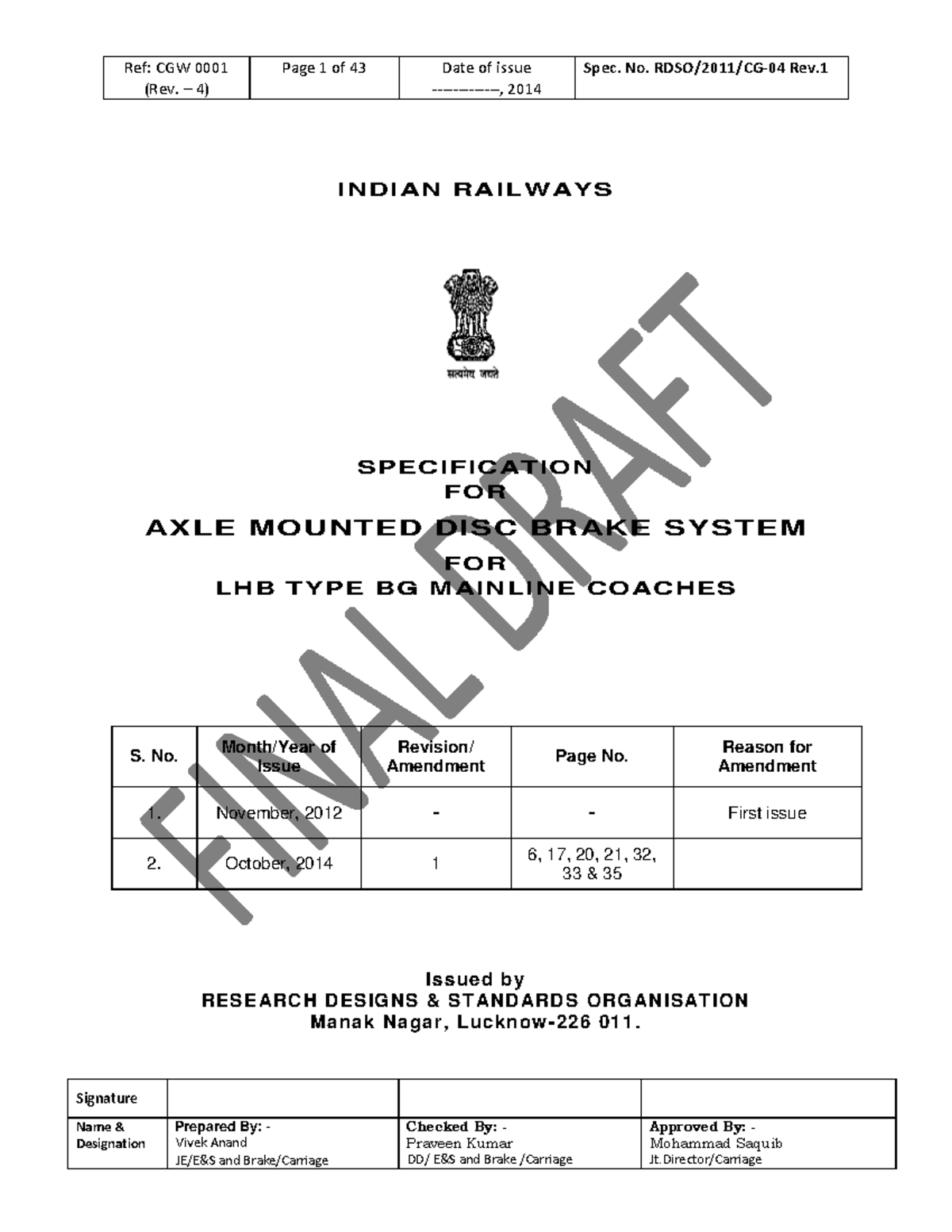 Indian Railways Specification for Axle Mounted Disc Brake System (Rev ...