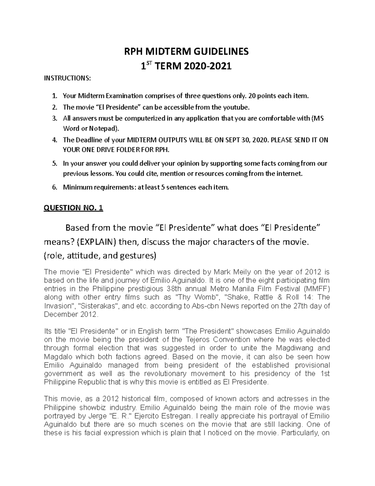 RPH Midterm Exam: Insights on "El Presidente" Movie Analysis - Studocu