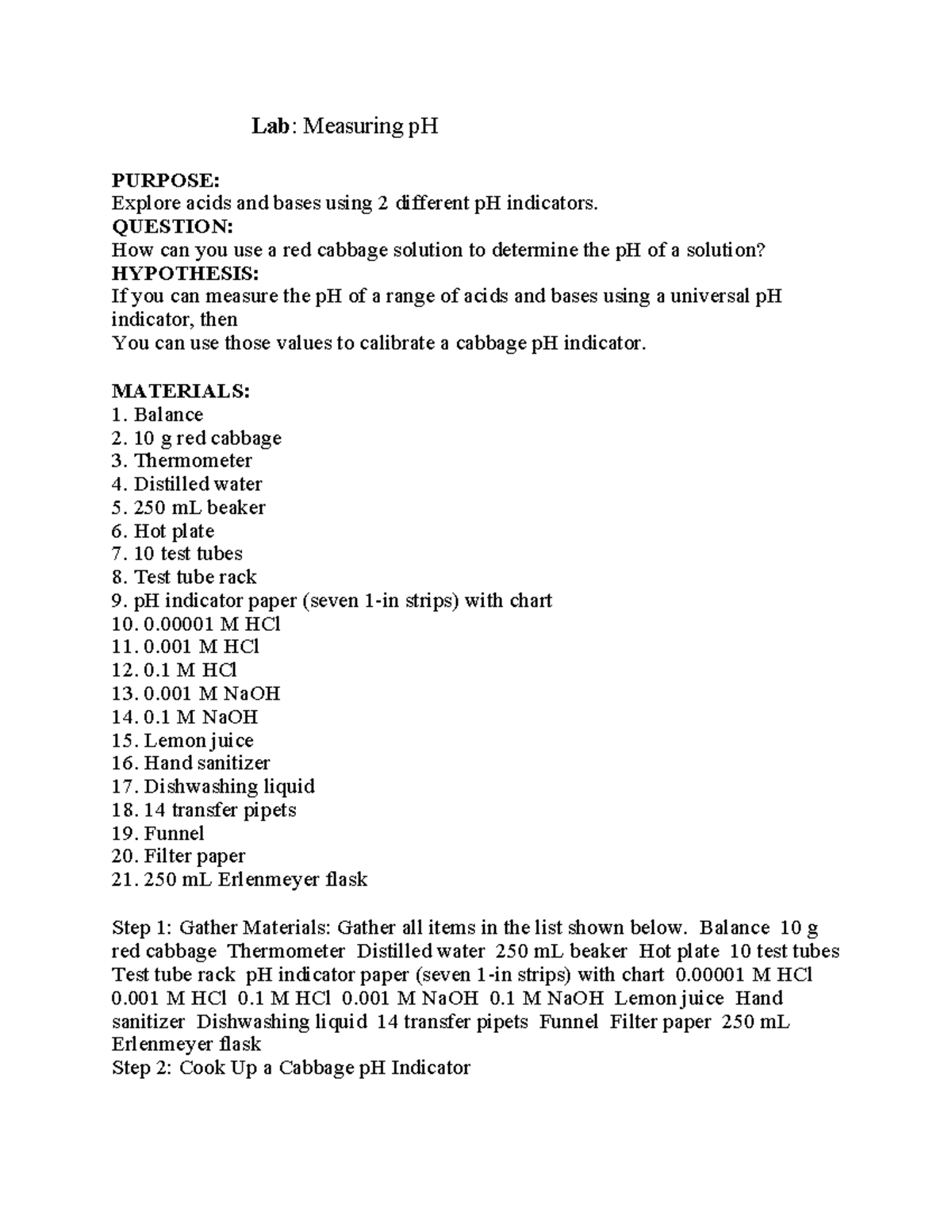Lab Report: Measuring pH with Red Cabbage Indicator - CHEM101 - Studocu