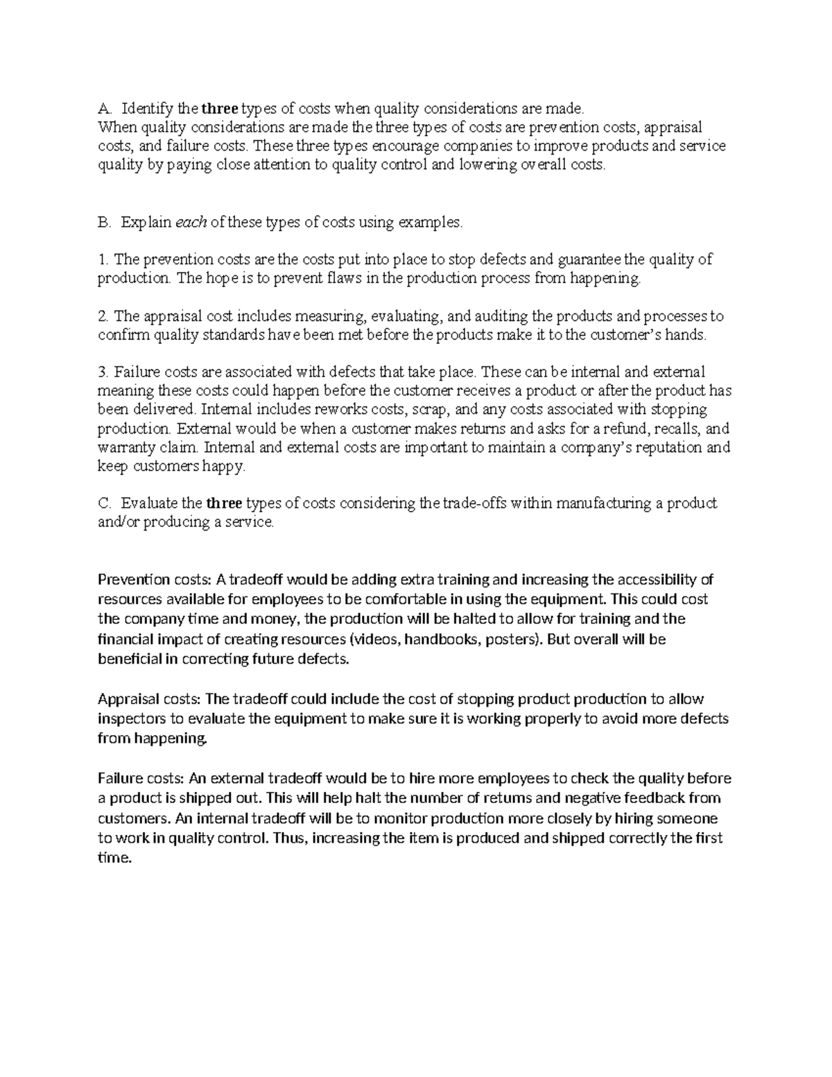 QHTI task 1 - classwork task 1 - A. Identify the three types of costs ...