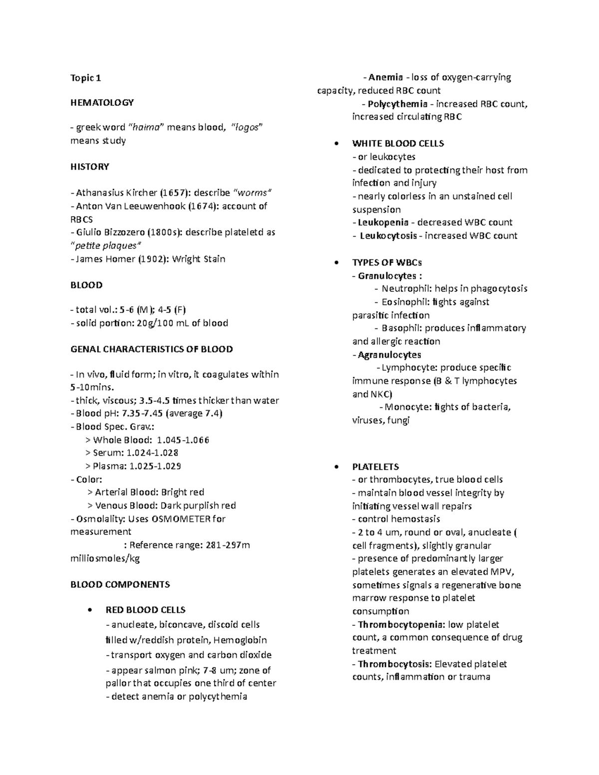 Topic 1 - HEMA: Lecture Notes on Hematology and Blood Components - Studocu
