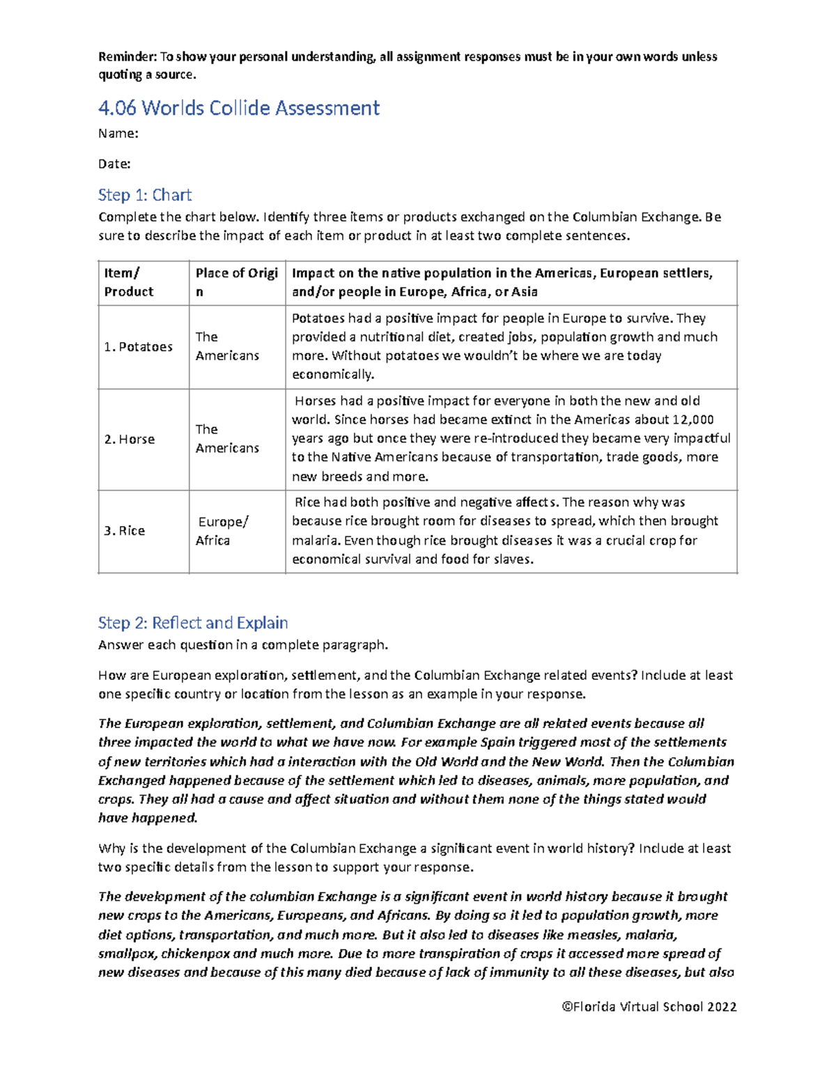 4.06 - Worlds Collide Assessment Response Sheet - Studocu