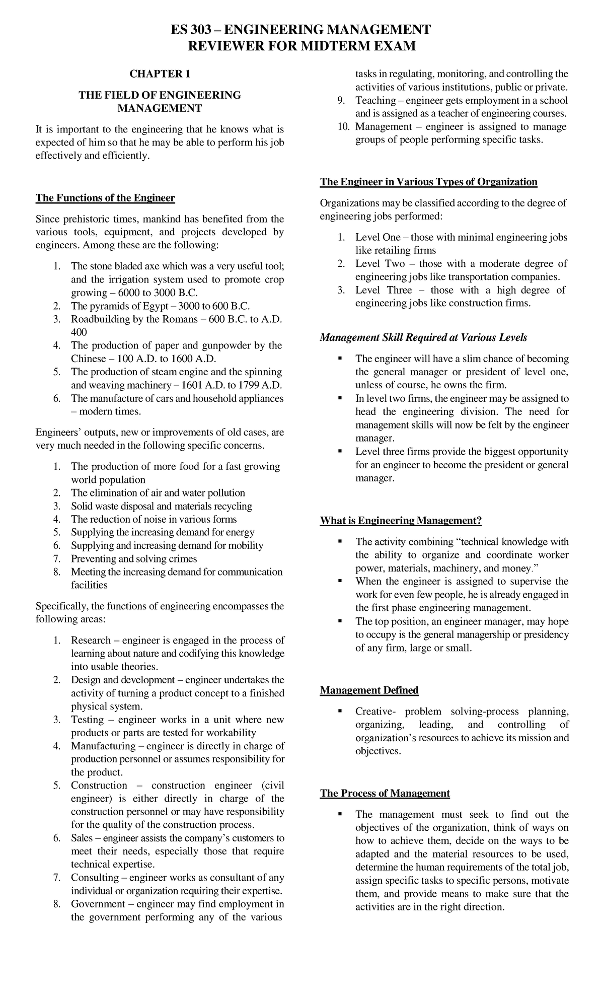 Engineering Management Midterm Reviewer: Key Concepts & Skills - Studocu