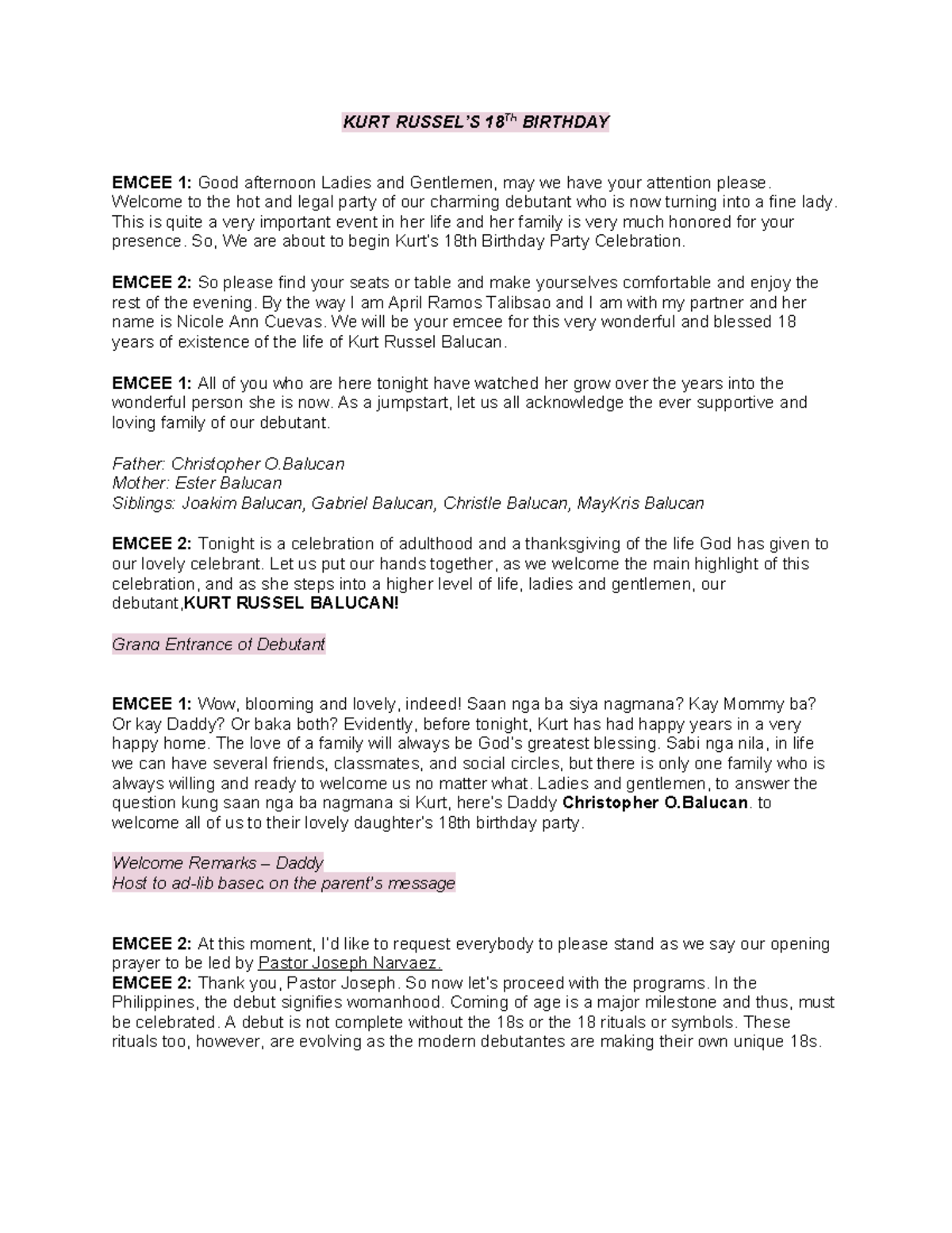 Emcee Script for Kurt Russel's 18th Birthday Celebration (Taglish ...