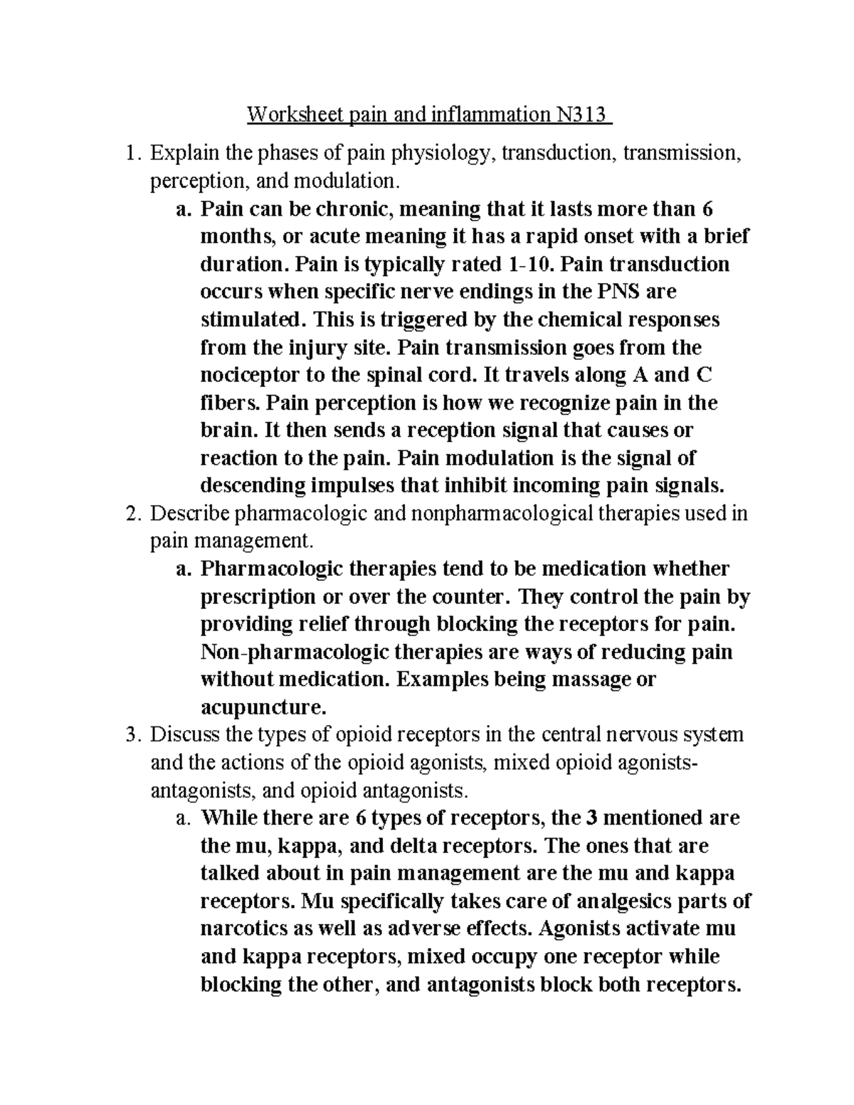 Pain Physiology & Management Worksheet N313 - Studocu