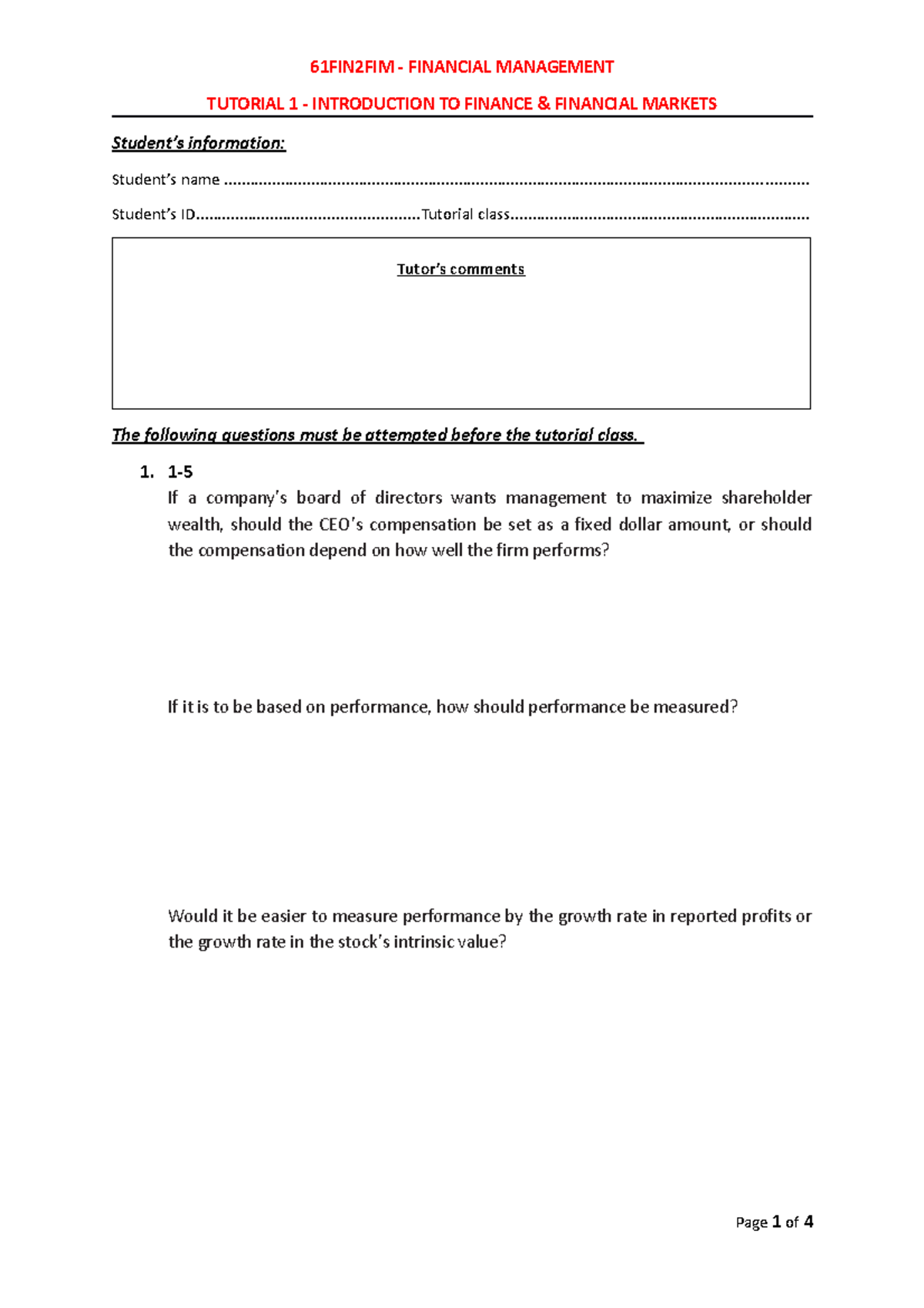 2023 61FIN2FIM Tutorial 1: Intro to Finance & Financial Markets - Studocu