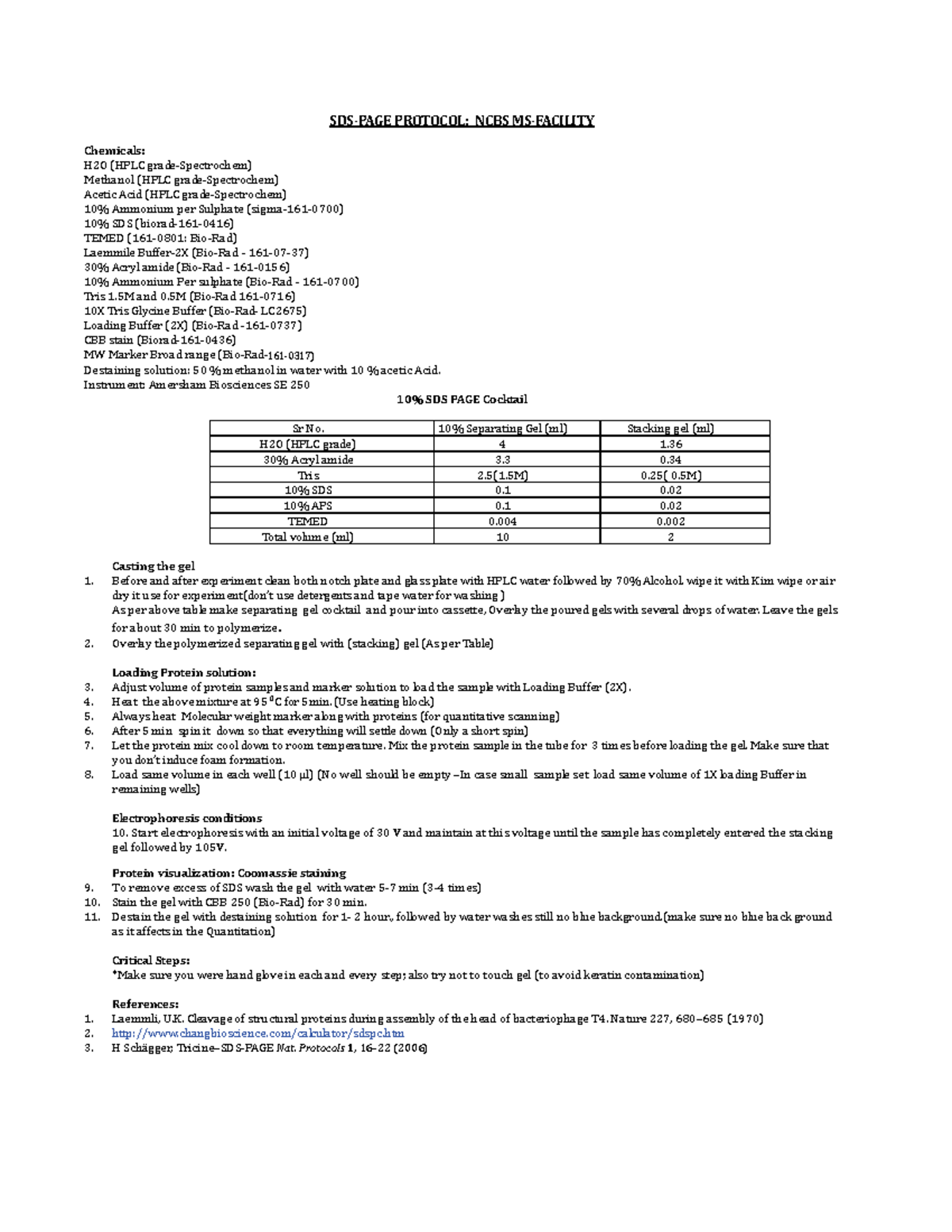SOP: SDS-PAGE Protocol for NCBS Chemicals and Protein Analysis - Studocu