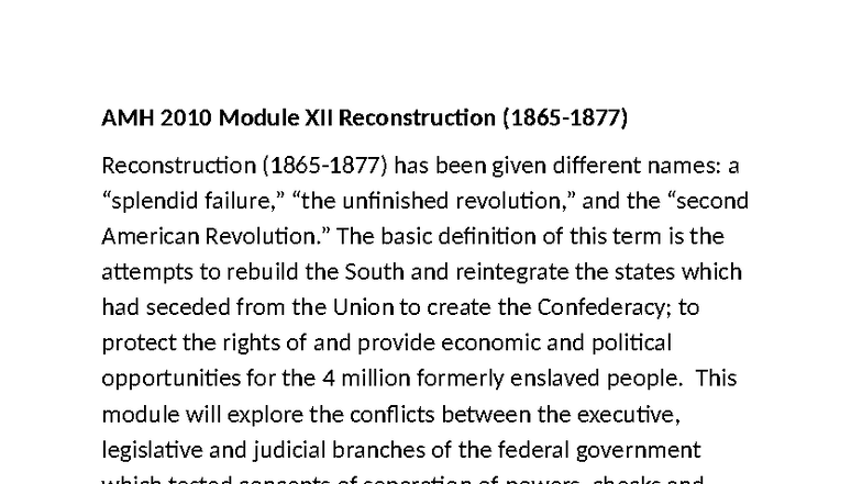AMH 2010 Final Exam Notes: The Reconstruction Era (1865-1877) - Studocu