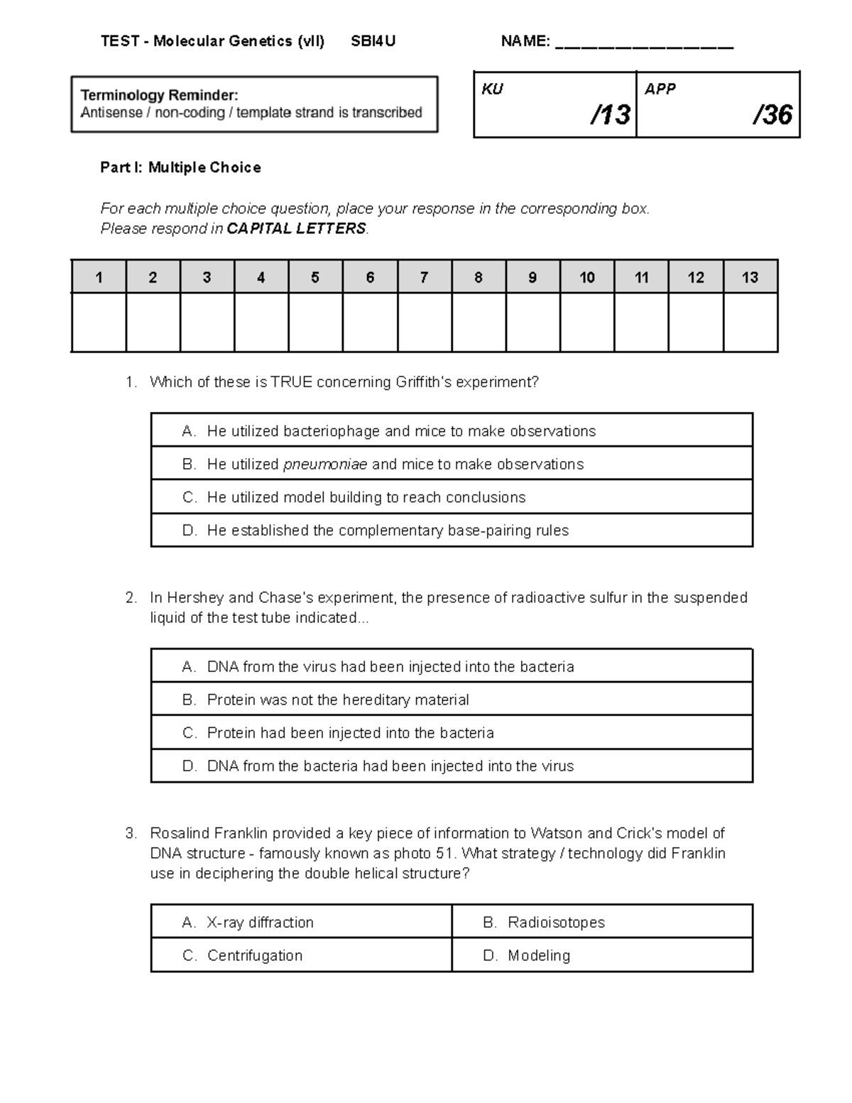 TEST - Molecular Genetics (v II) - TEST - Molecular Genetics (vII ...