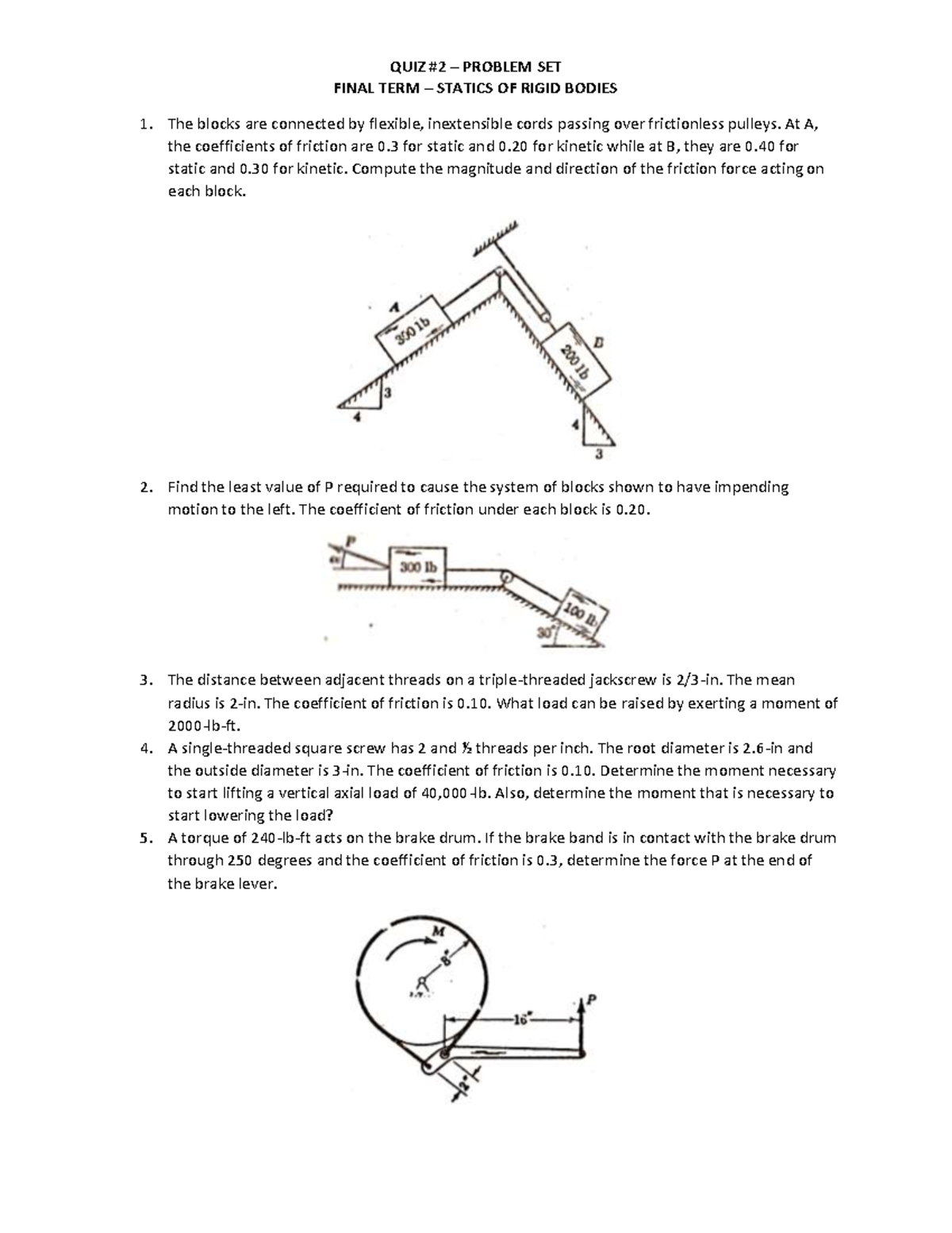 Finals Problem Set - Statics of Rigid Bodies (Stat 401) - Studocu