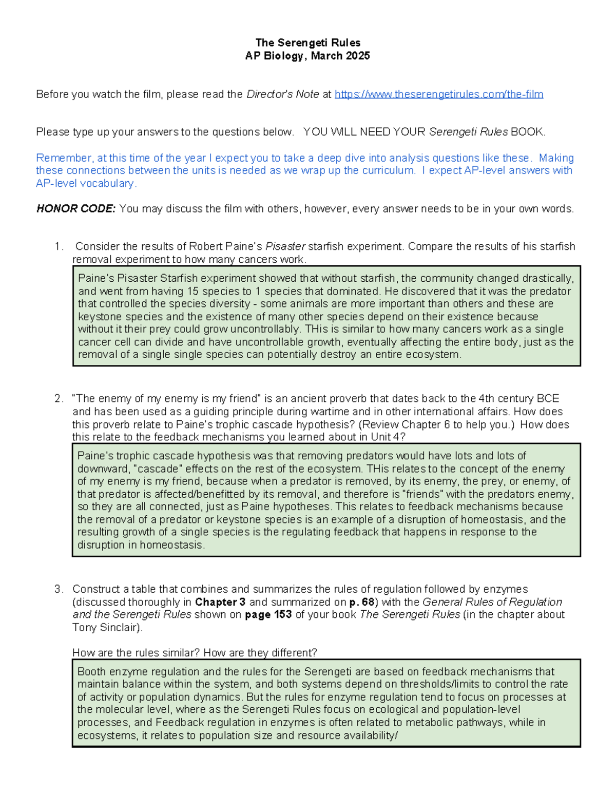 AP Biology: Serengeti Rules Worksheet Analysis and Questions - Studocu