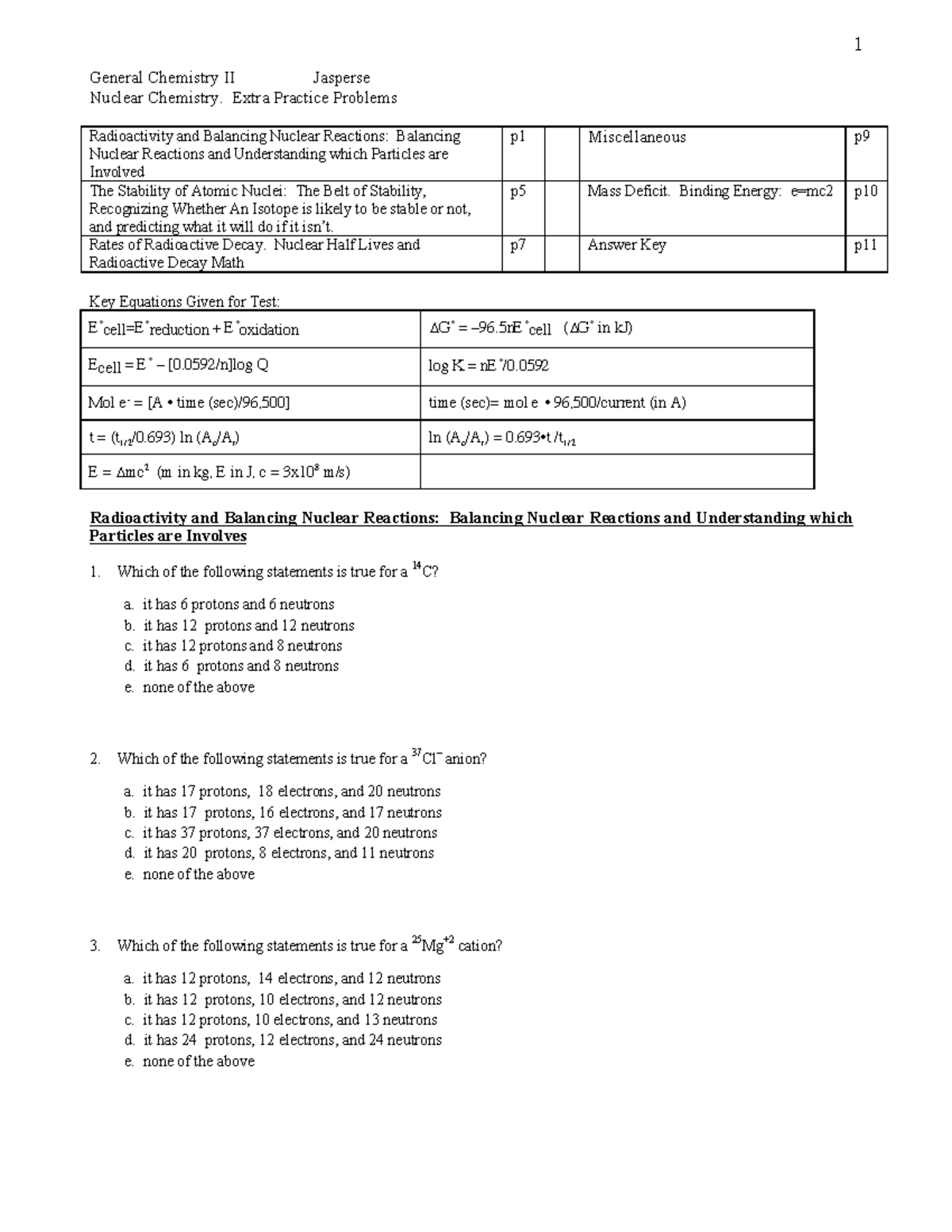 General Chemistry II Jasperse: Nuclear Chemistry Practice Problems ...