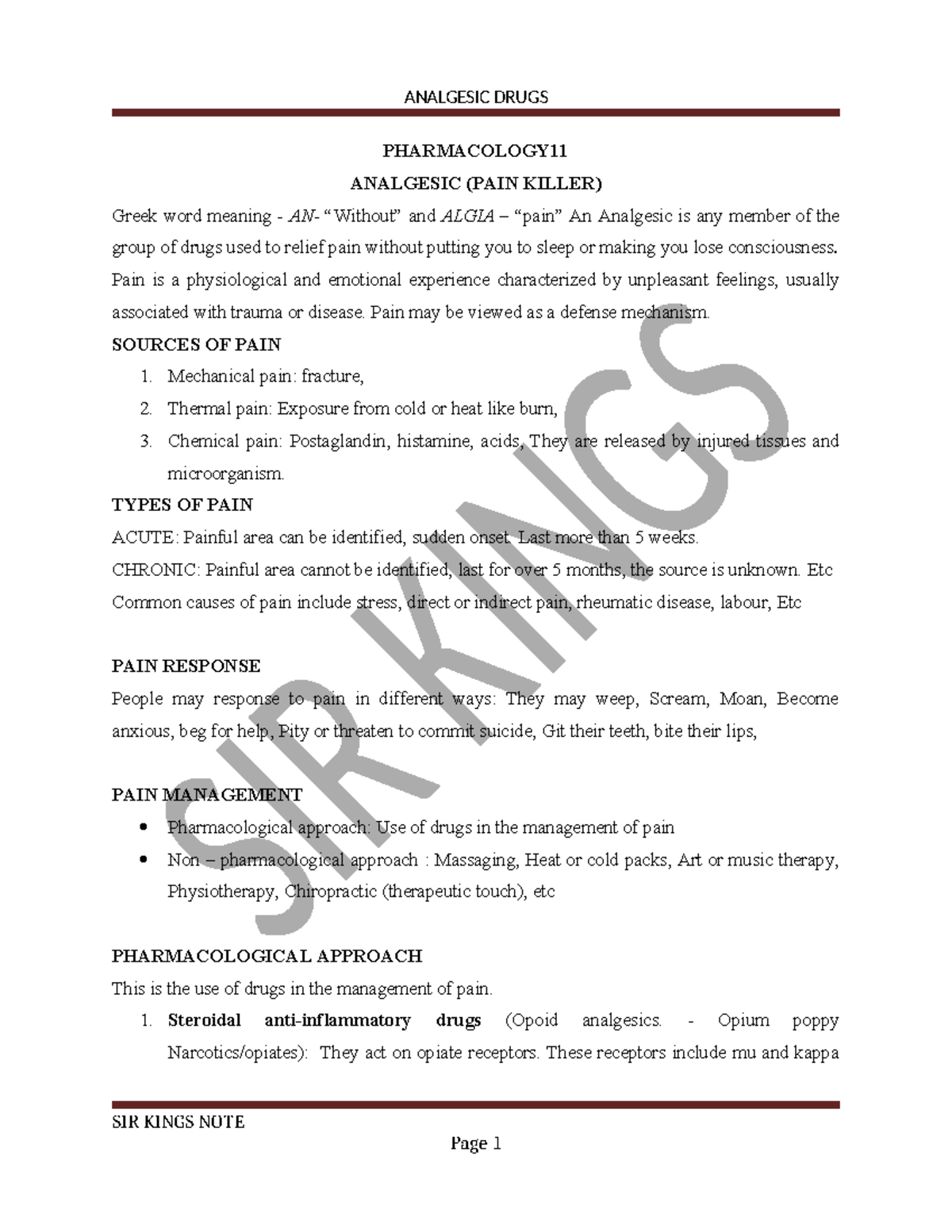ANALGESIC DRUGS PHARMACOLOGY: Exam Notes on Pain Management - Studocu