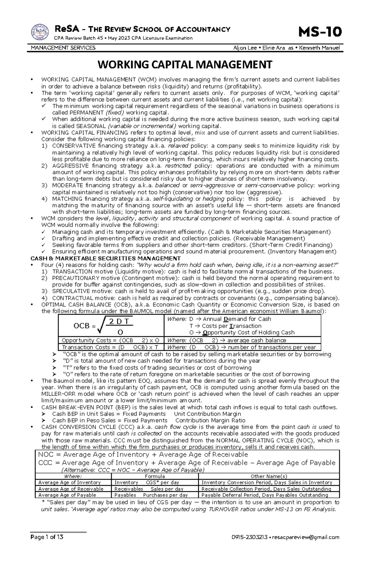ReSA MS-10 Working Capital Management Review Notes for CPA Exam - Studocu