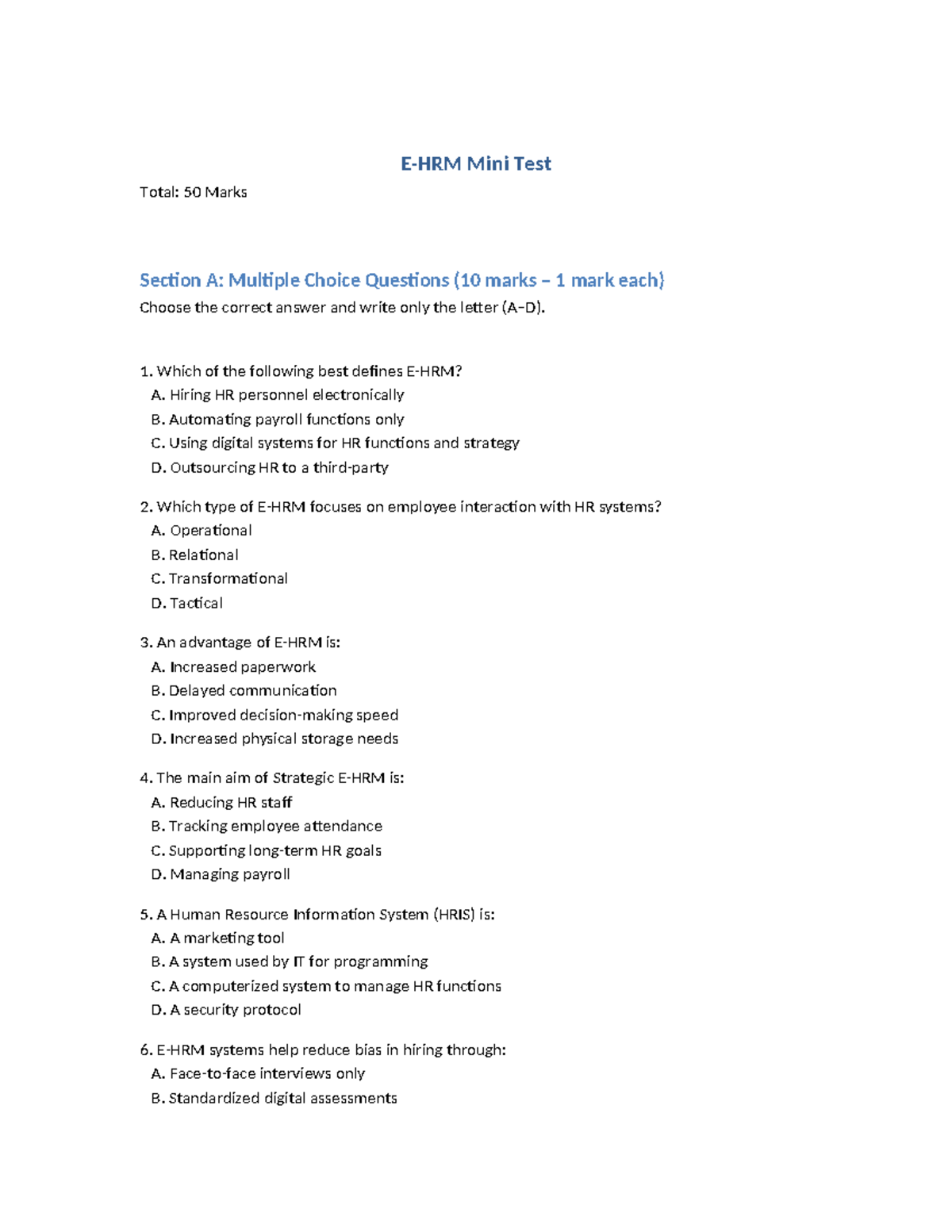 HR Mini Test: Key Concepts & MCQs (Total: 50 Marks) - Studocu