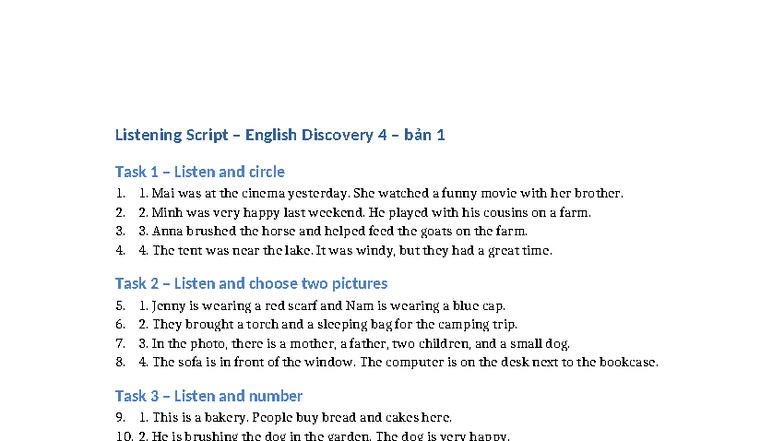 Full Listening Script and Questions for English Discovery 4 HK2 - Studocu