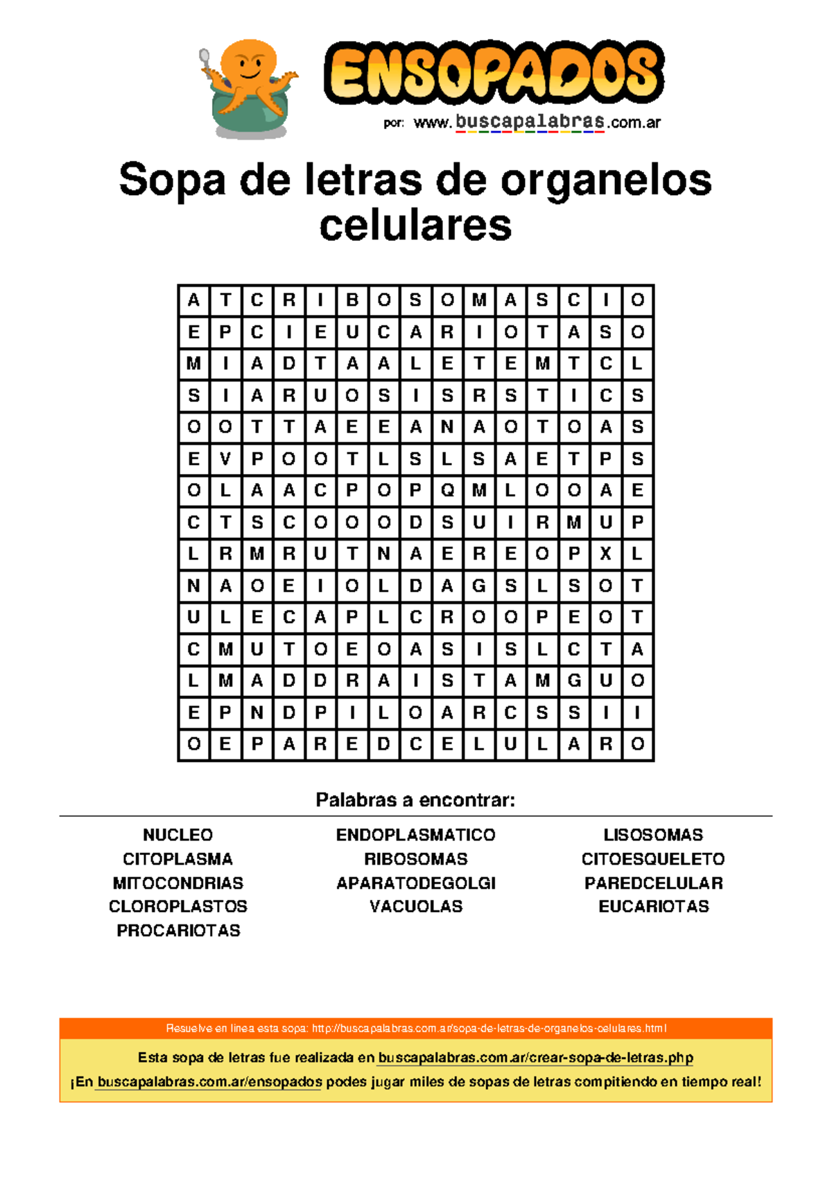 Sopa de letras de organelos celulares - com.ar/crear-sopa-de-letras ¡En ...