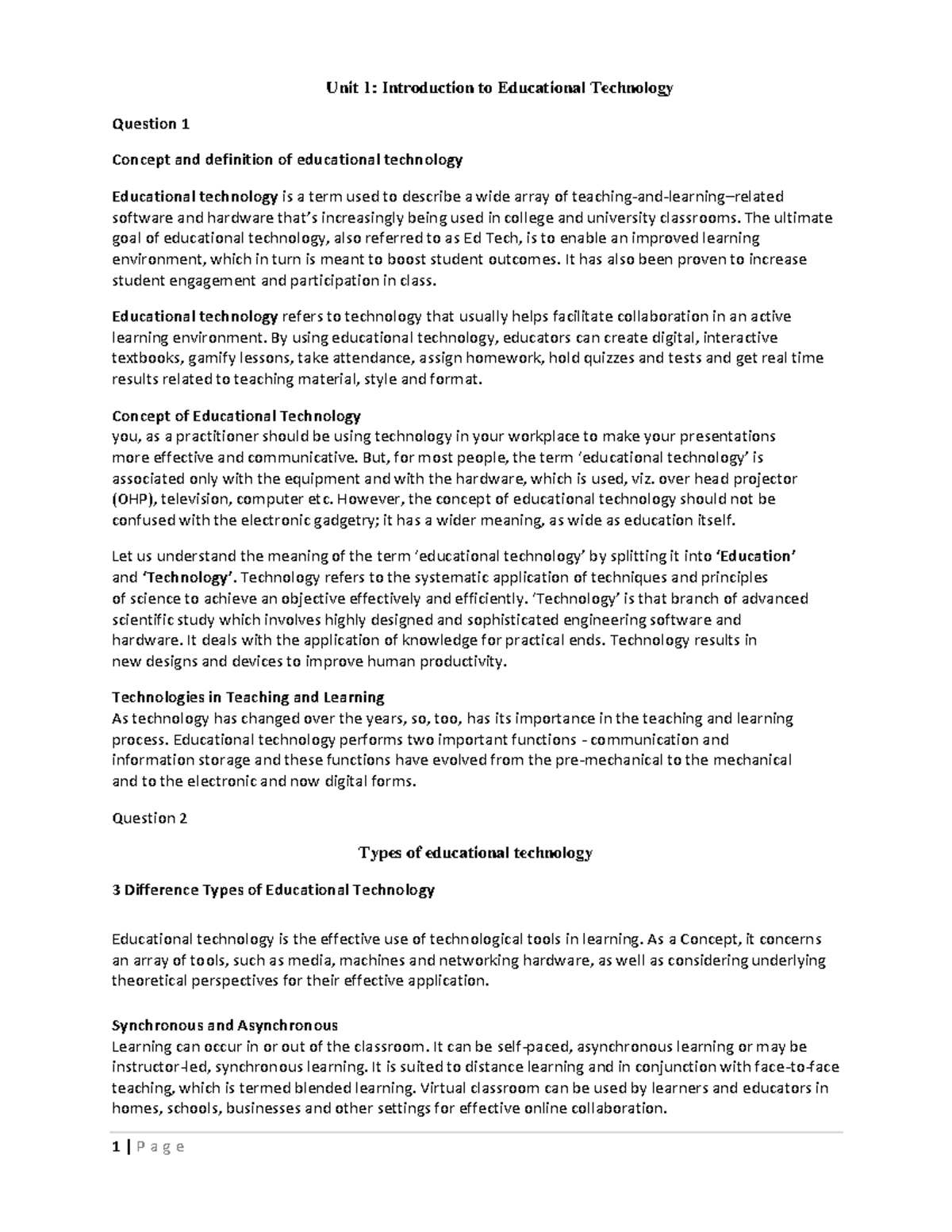 Unit 1: Intro to Ed Tech - Concepts, Types & Importance - Studocu