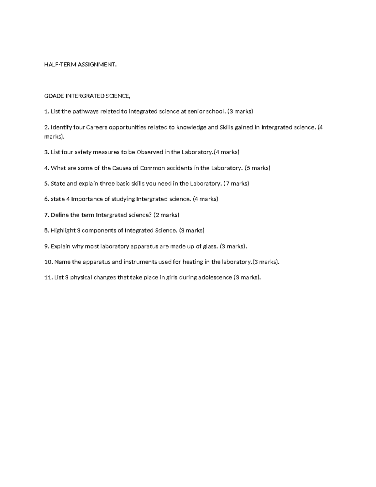 GDADE Integrated Science Half-Term Assignment - Grade 7 IS - Studocu