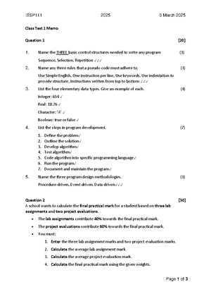 Class Test 1 - 2025 Memo - Its a Memo of an Assignment with practical ...