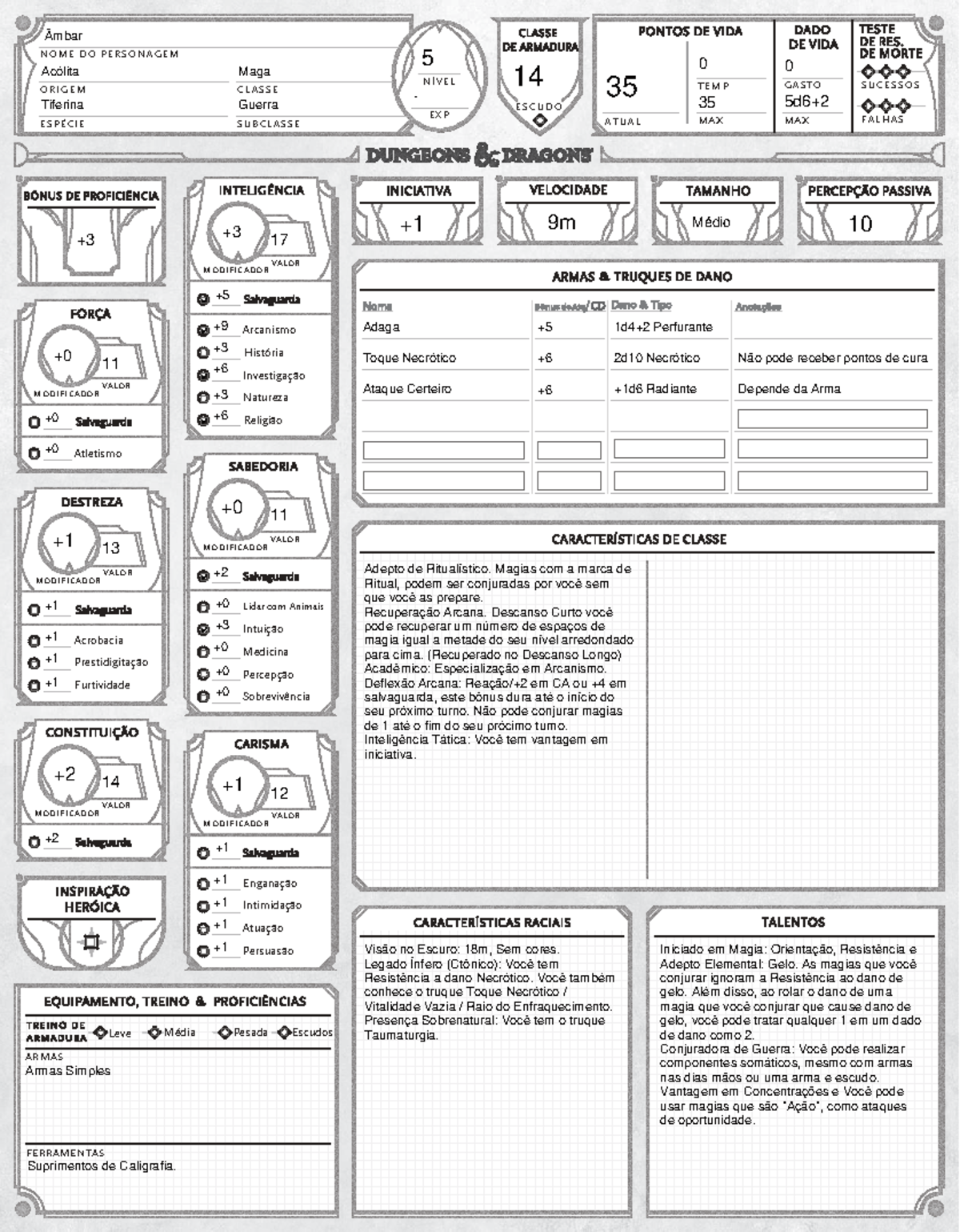 Âmbar - Ficha de Personagem D&D 5e: Acólita Maga Tiferina - Studocu