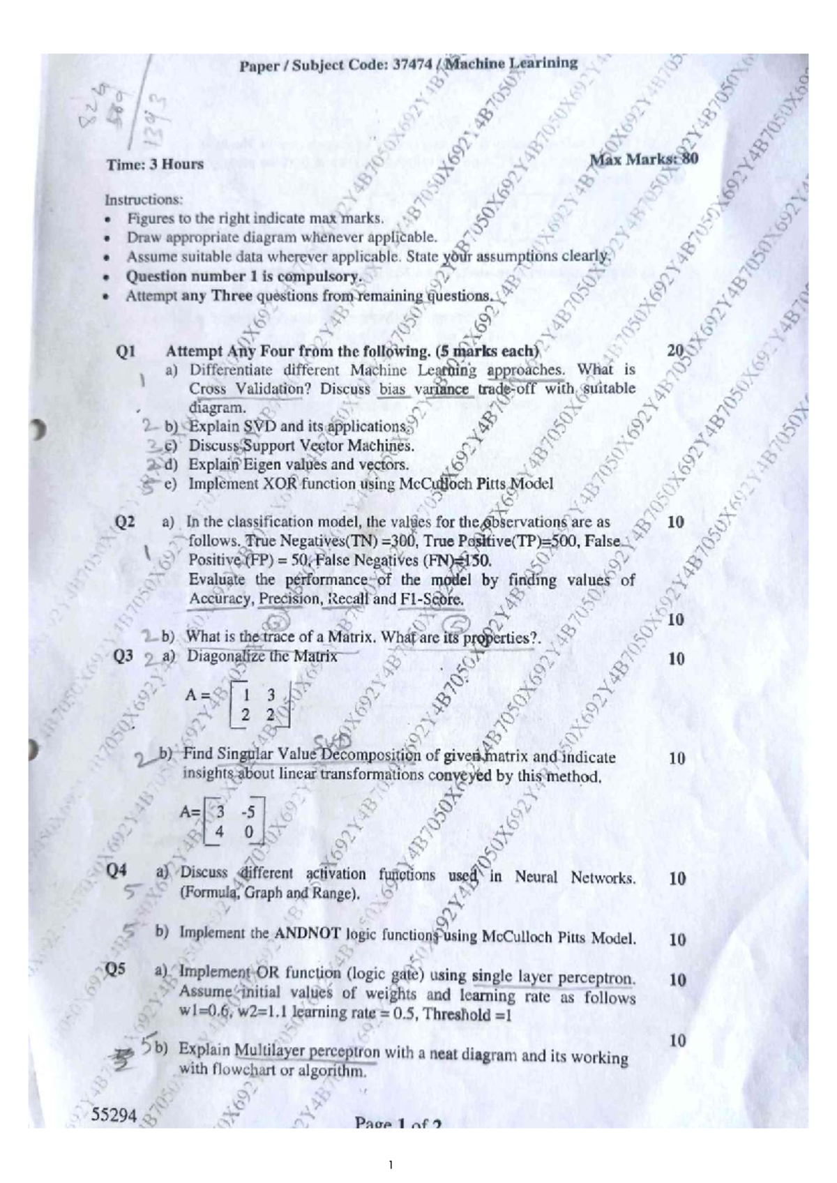 Machine Learning Exam Paper: Subject Code 37474 - Max Marks 80 - Studocu