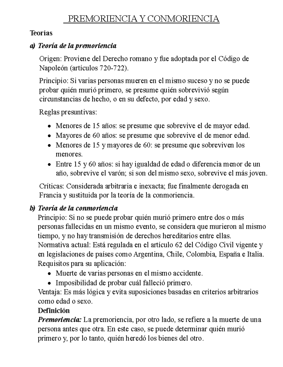 Teoría de la Premoriencia y Conmoriencia en el Derecho Civil - Studocu