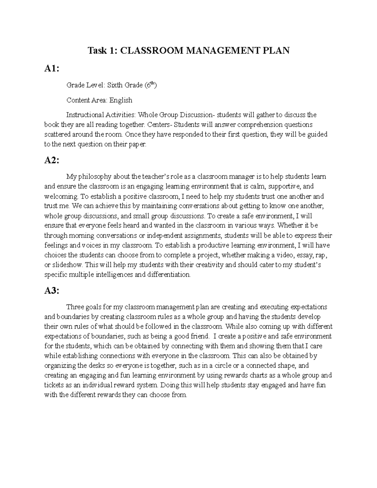 D095 Task 1 - First attempt - Task 1: CLASSROOM MANAGEMENT PLAN A1: Grade Level: Sixth Grade ...