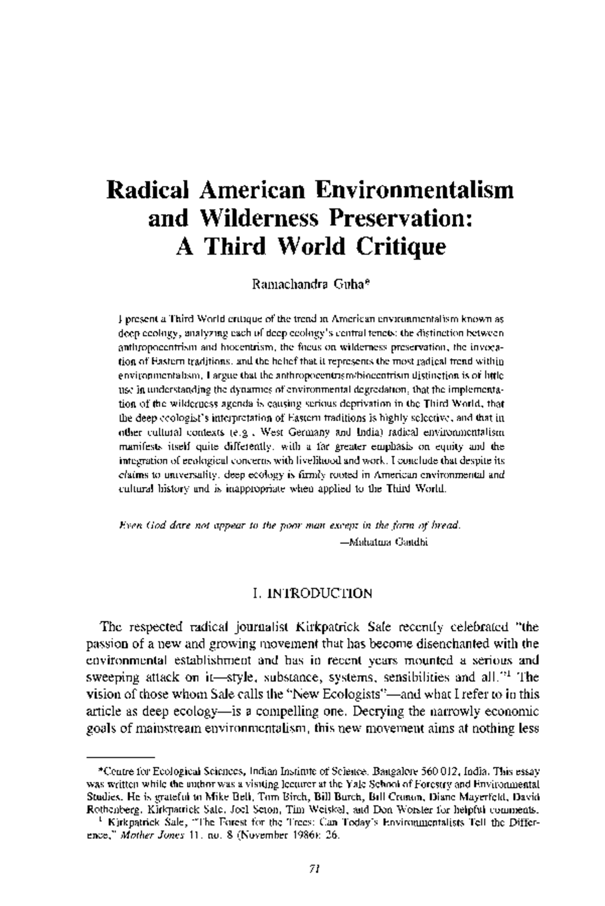 A Third World Critique of Radical American Environmentalism (ENV 101 ...