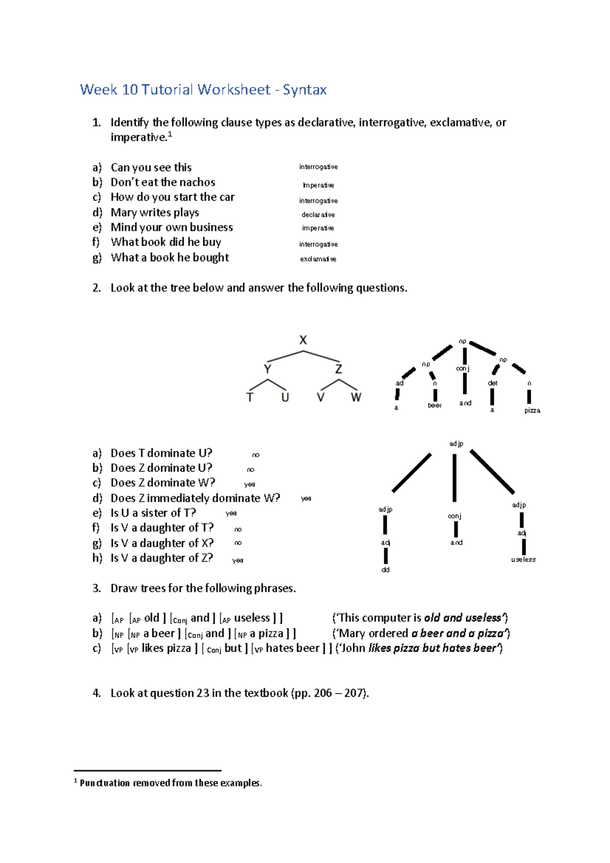 LING1111 Week 10 Tutorial Worksheet Answers on Syntax - Studocu